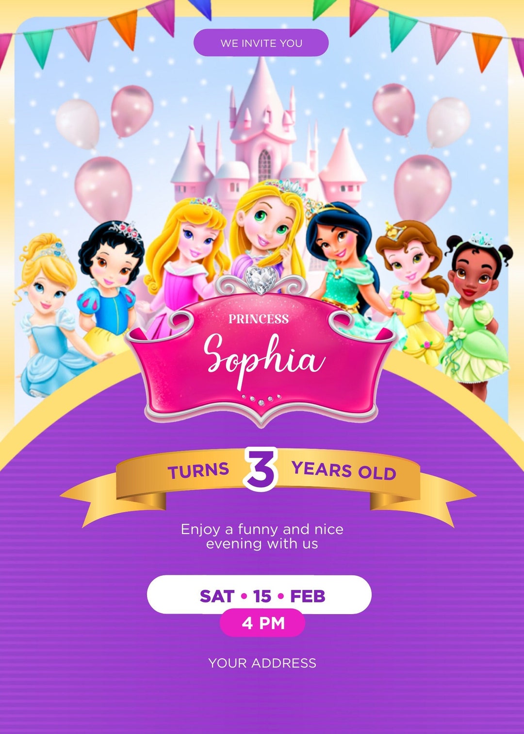 Editable Disney Princess Birthday Invitation Template, Printable Bday ...