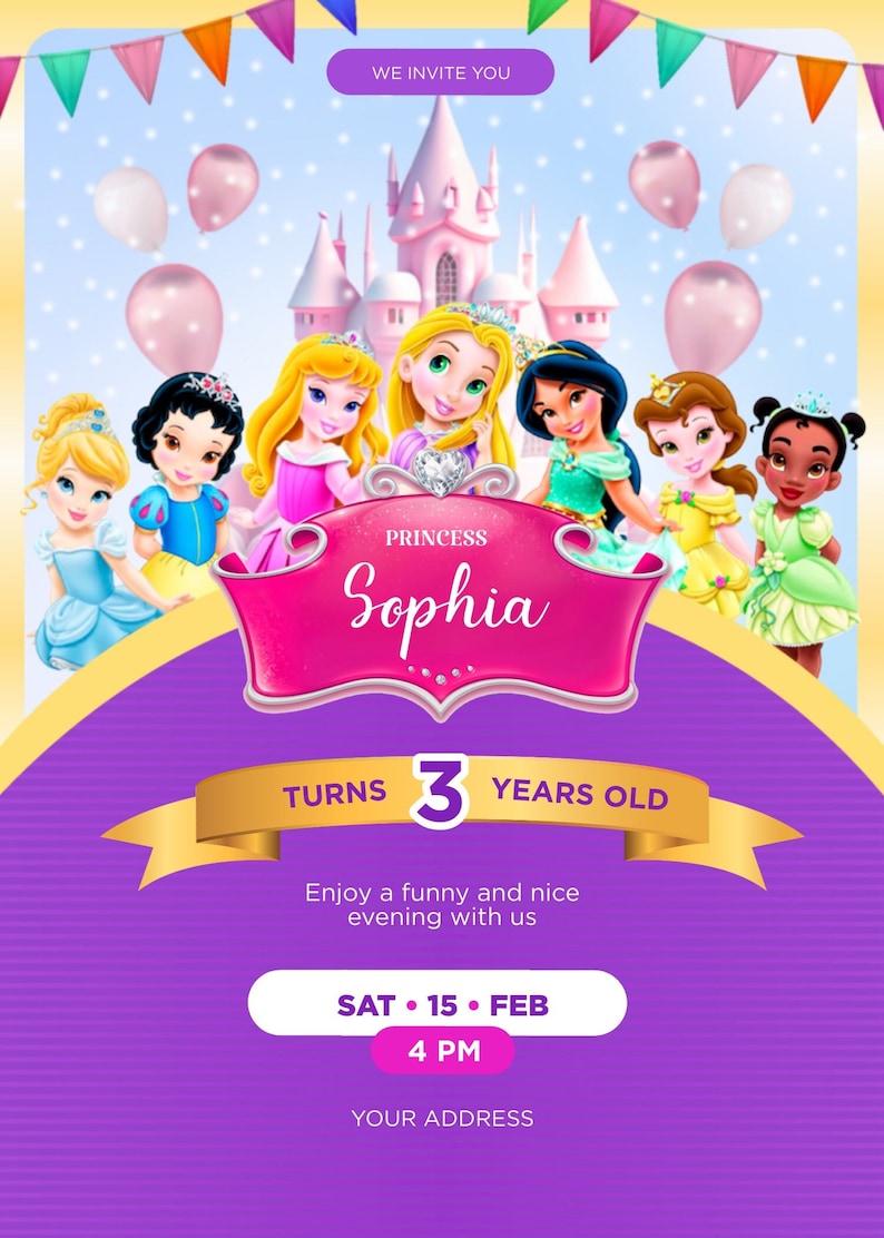Editable Disney Princess Birthday Invitation Template, Printable Bday ...