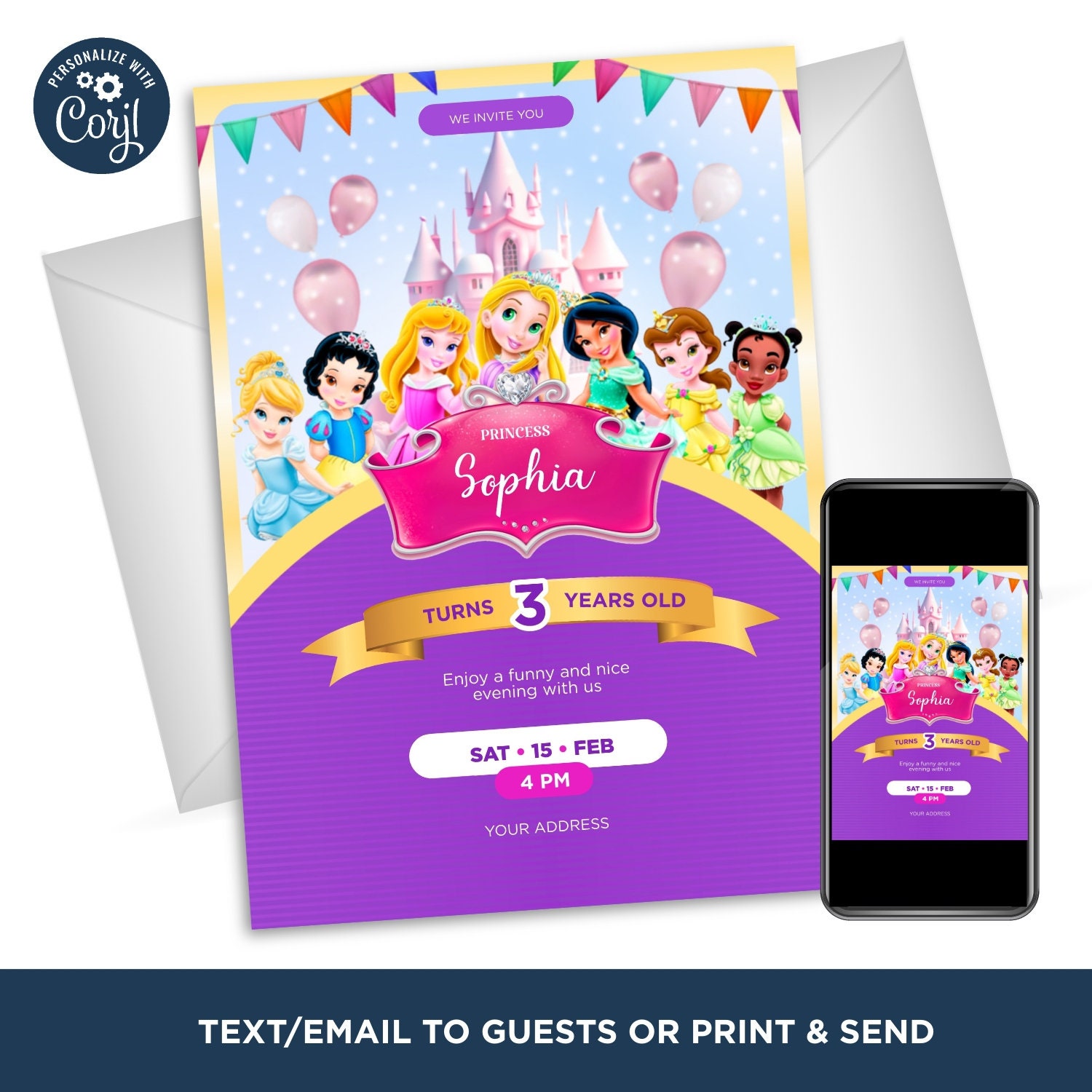 Editable Disney Princess Birthday Invitation Template, Printable Bday ...
