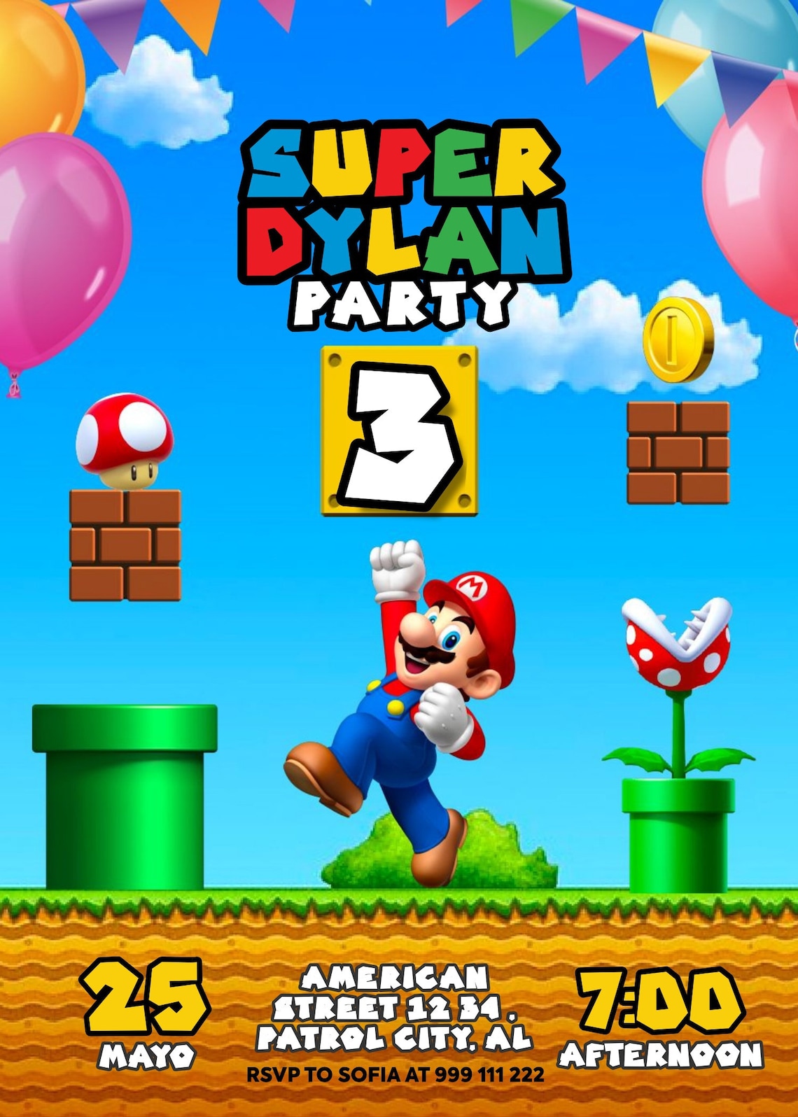 Editable Mario Bros Birthday Invitation Template, Printable Birthday ...