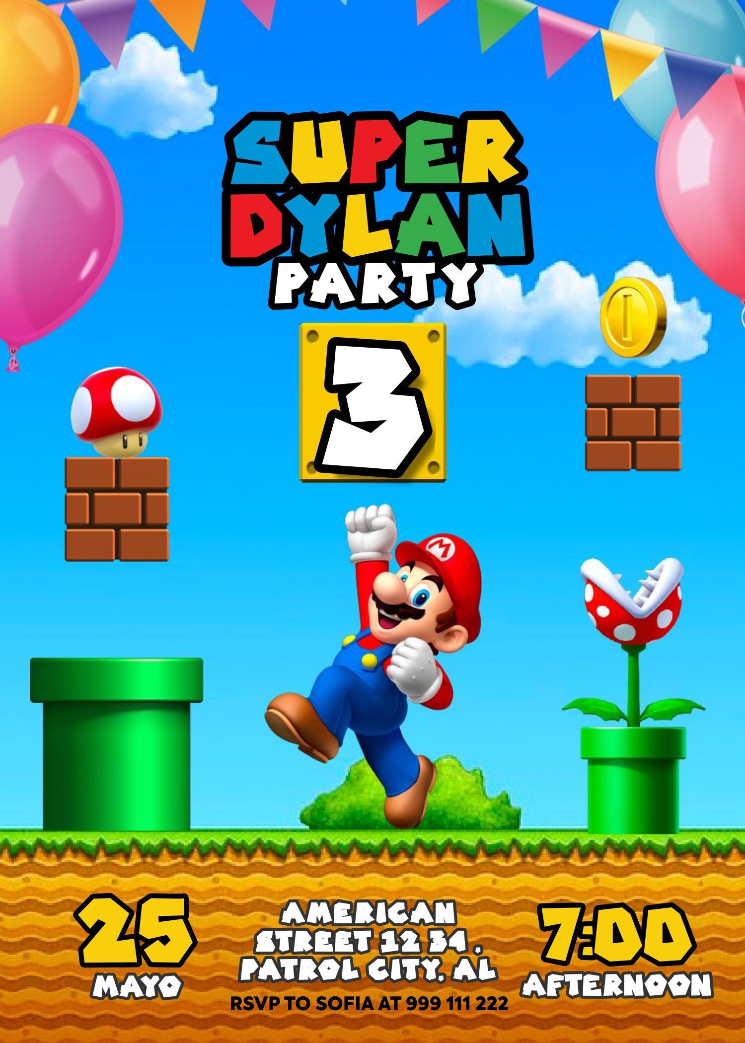 Editable Mario Bros Birthday Invitation Template, Printable Birthday ...