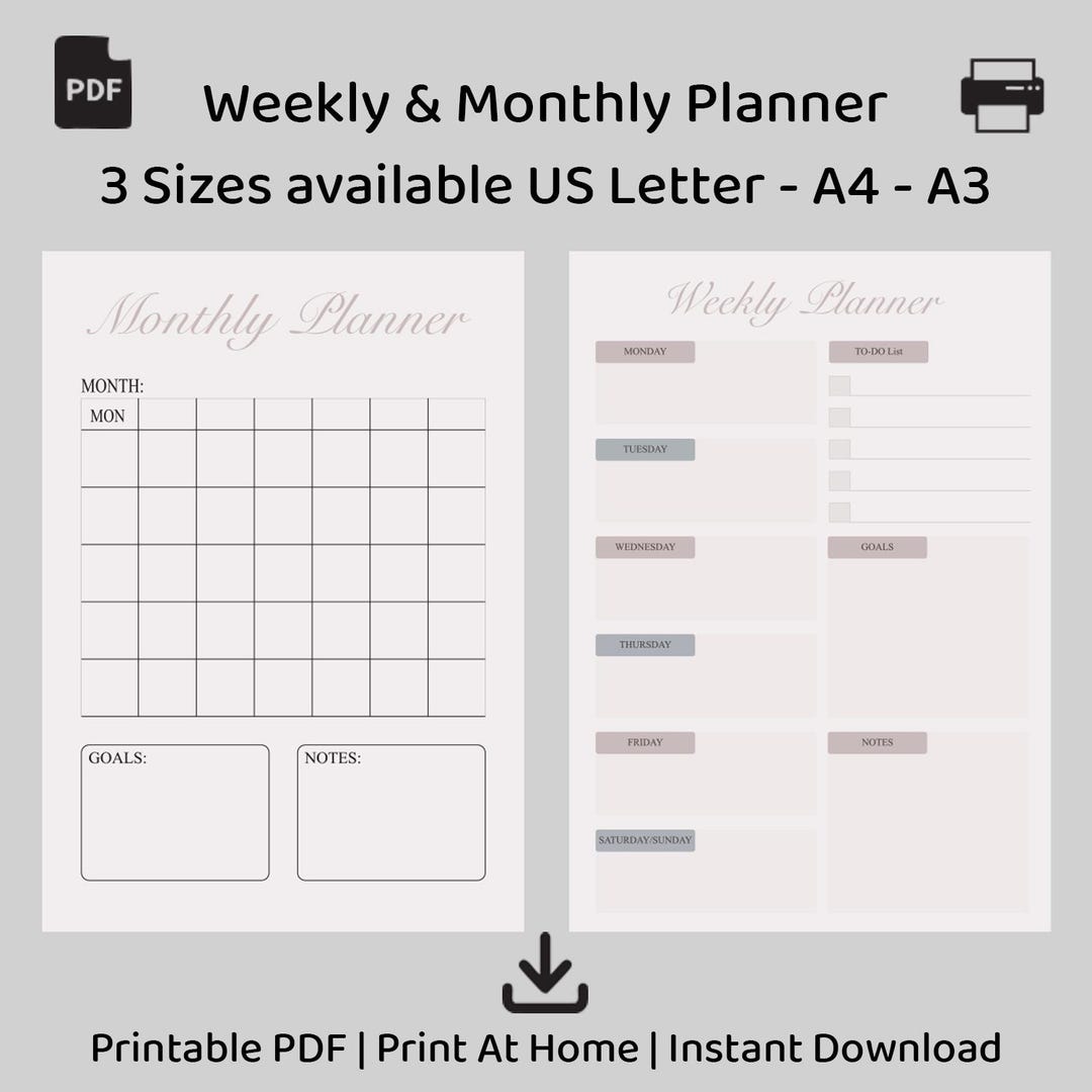 Printable Weekly & Monthly Planner PDF | A3 A4 US Letter Sizes ...