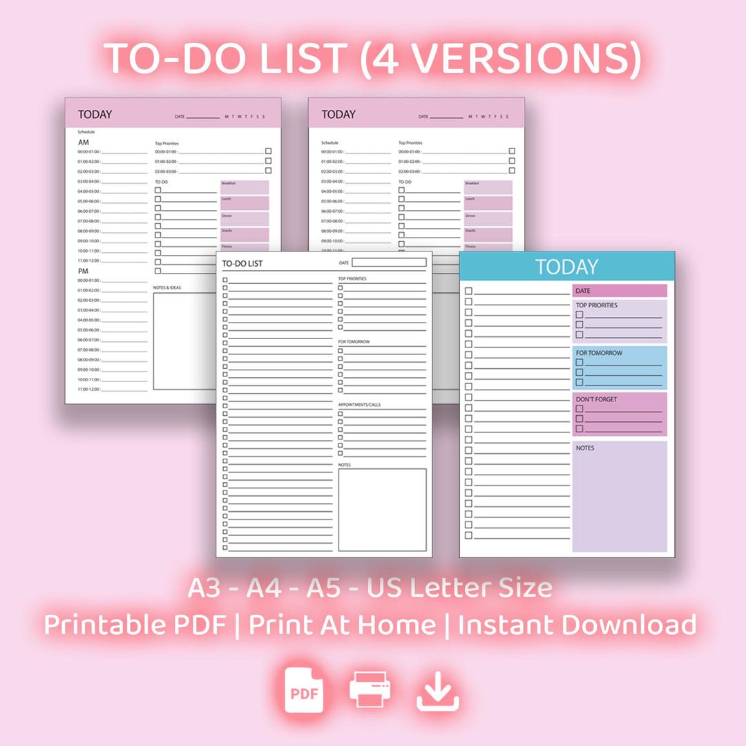 Printable To-do List PDF | Daily Planner A4 A5 A3 US Letter | Instant ...