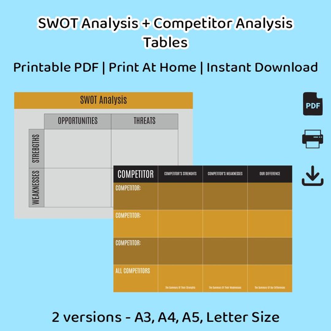 Printable SWOT & Competitor Analysis PDF | A3 A4 A5 US Letter ...