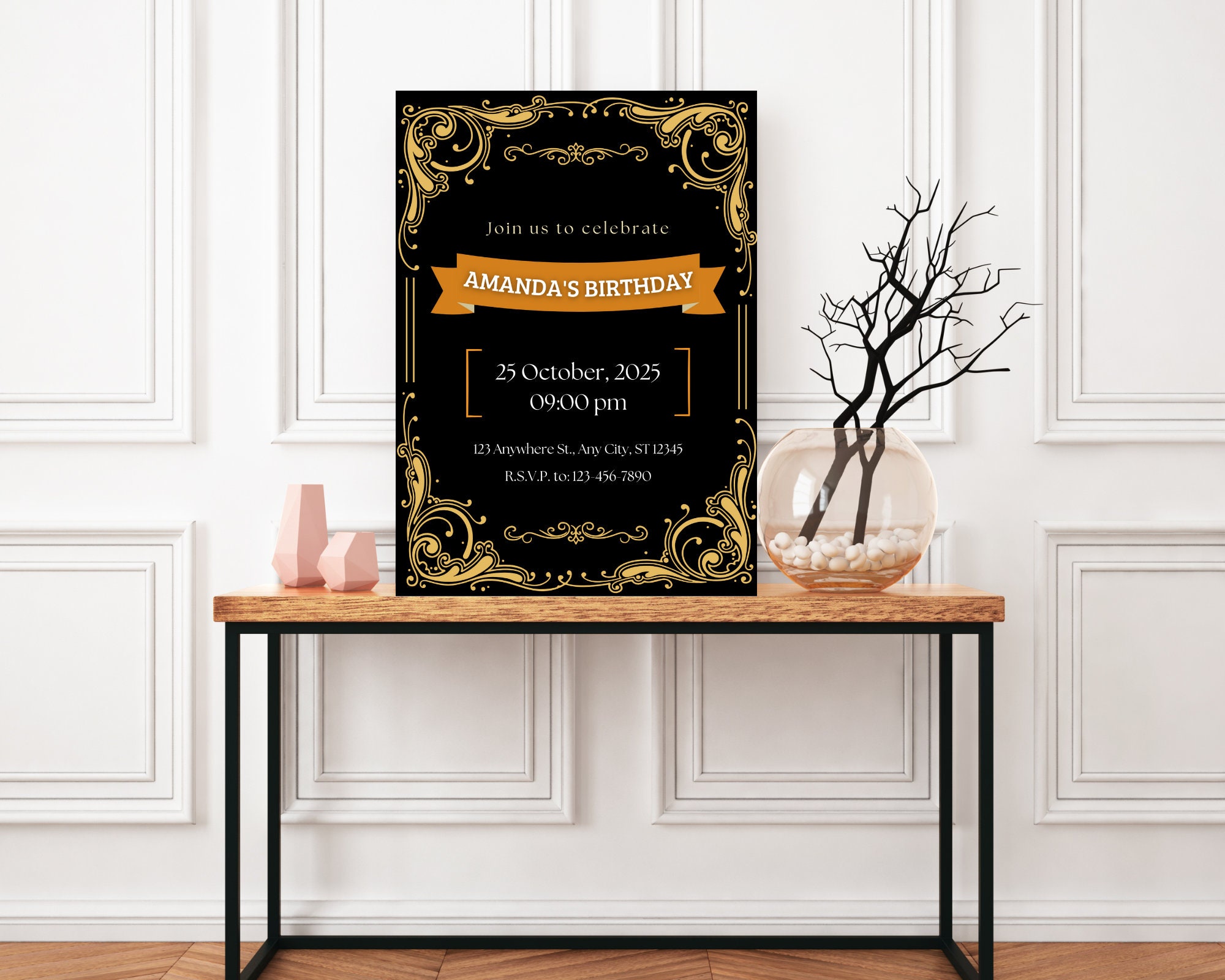 Editable Black and Gold Birthday Invitation, Black Gold Birthday Party ...