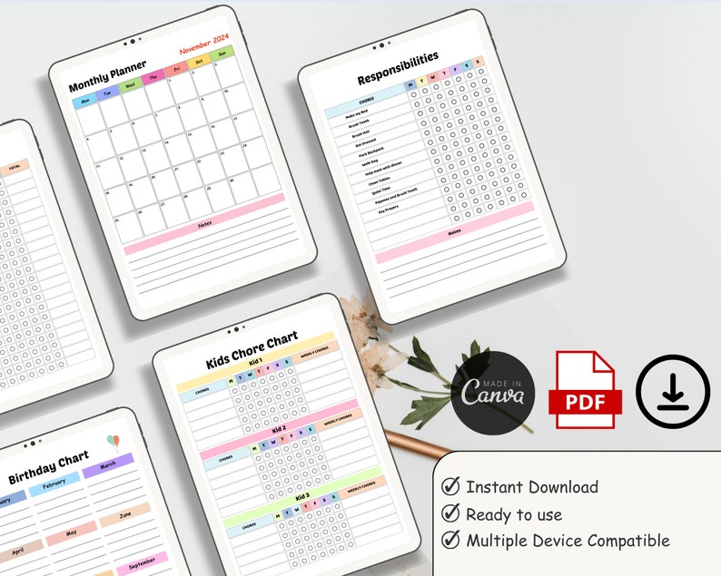 Children's Chore Chart Set, Printable Responsibility Chart, Weekly Task ...