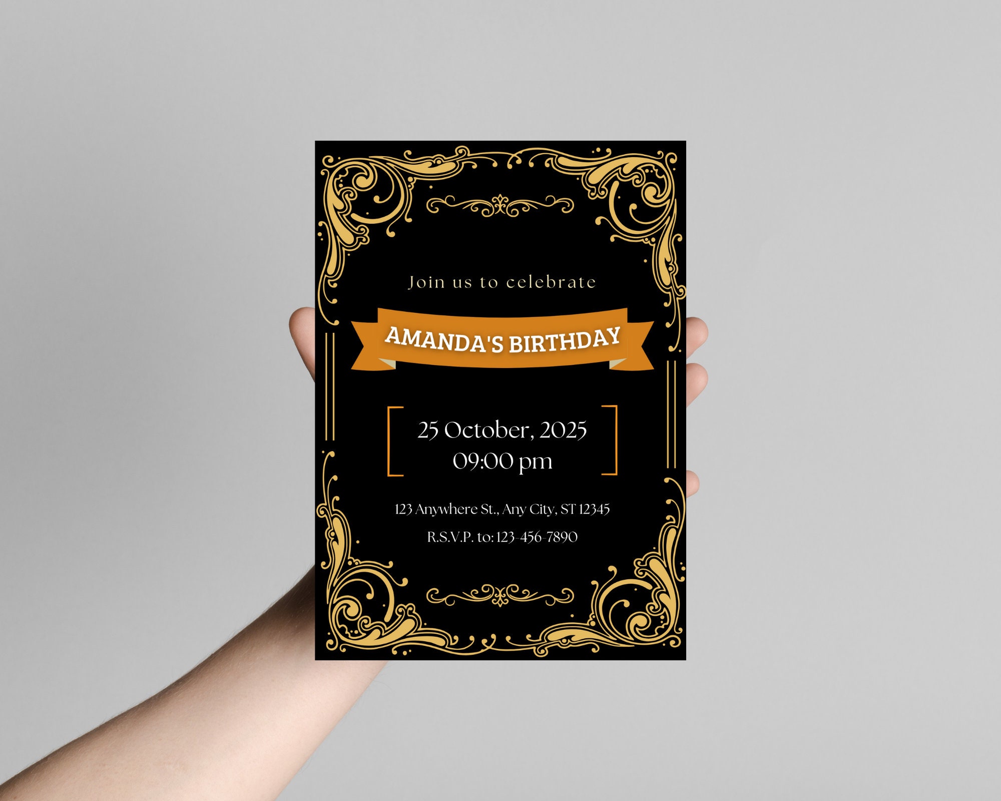 Editable Black and Gold Birthday Invitation, Black Gold Birthday Party ...
