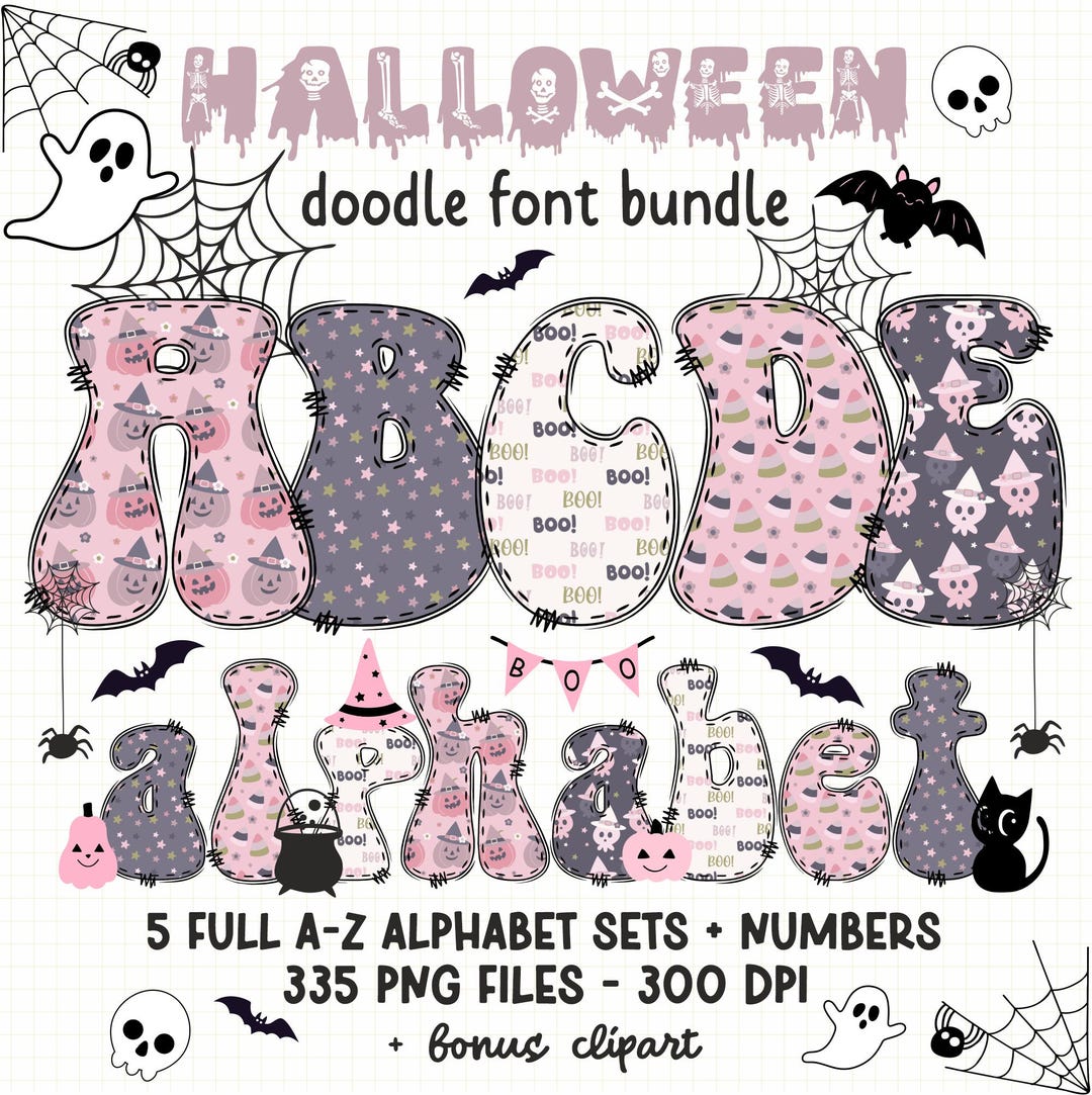 Halloween Doodle Alphabet Bundle, Pink Halloween Doodle Letters ...