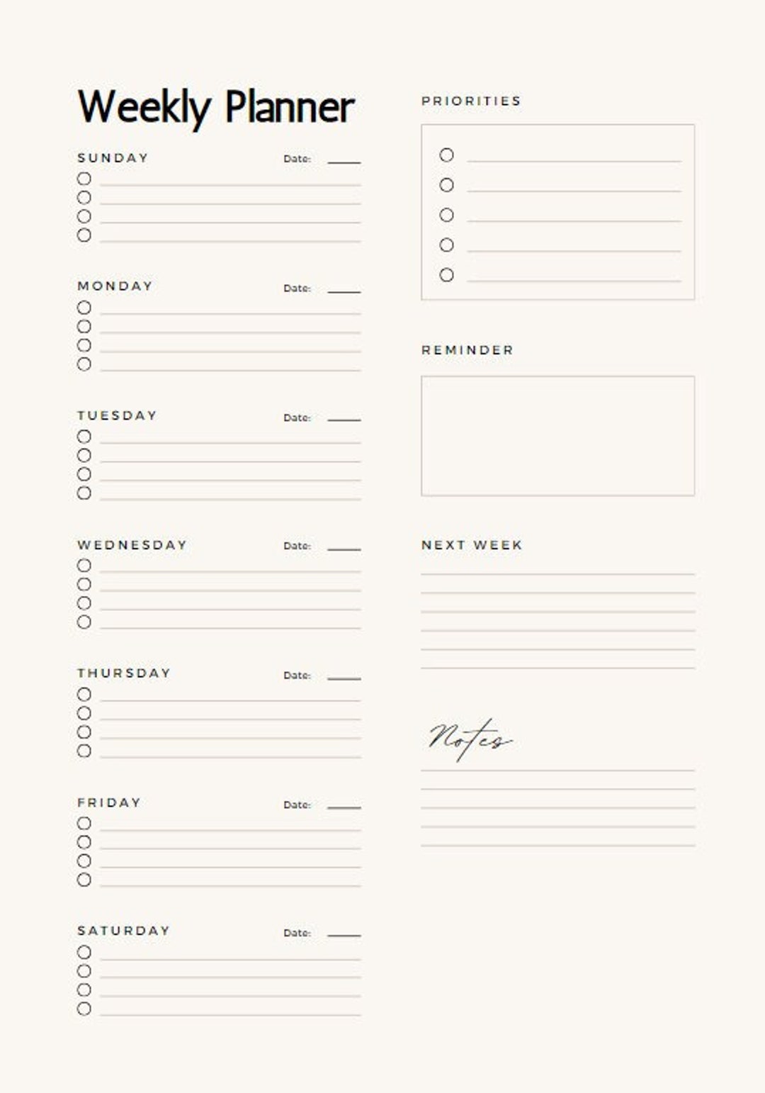 Minimal Weekly Planner: Single-page Productivity (digital Download) - Etsy