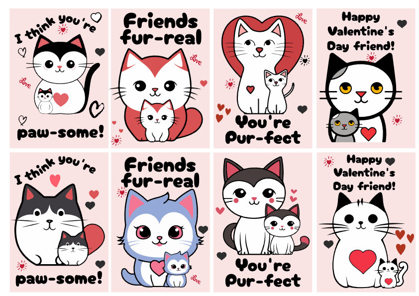 Cute Cat Valentine's Day Printable Cards, Cats, Pur-fect, Love ...