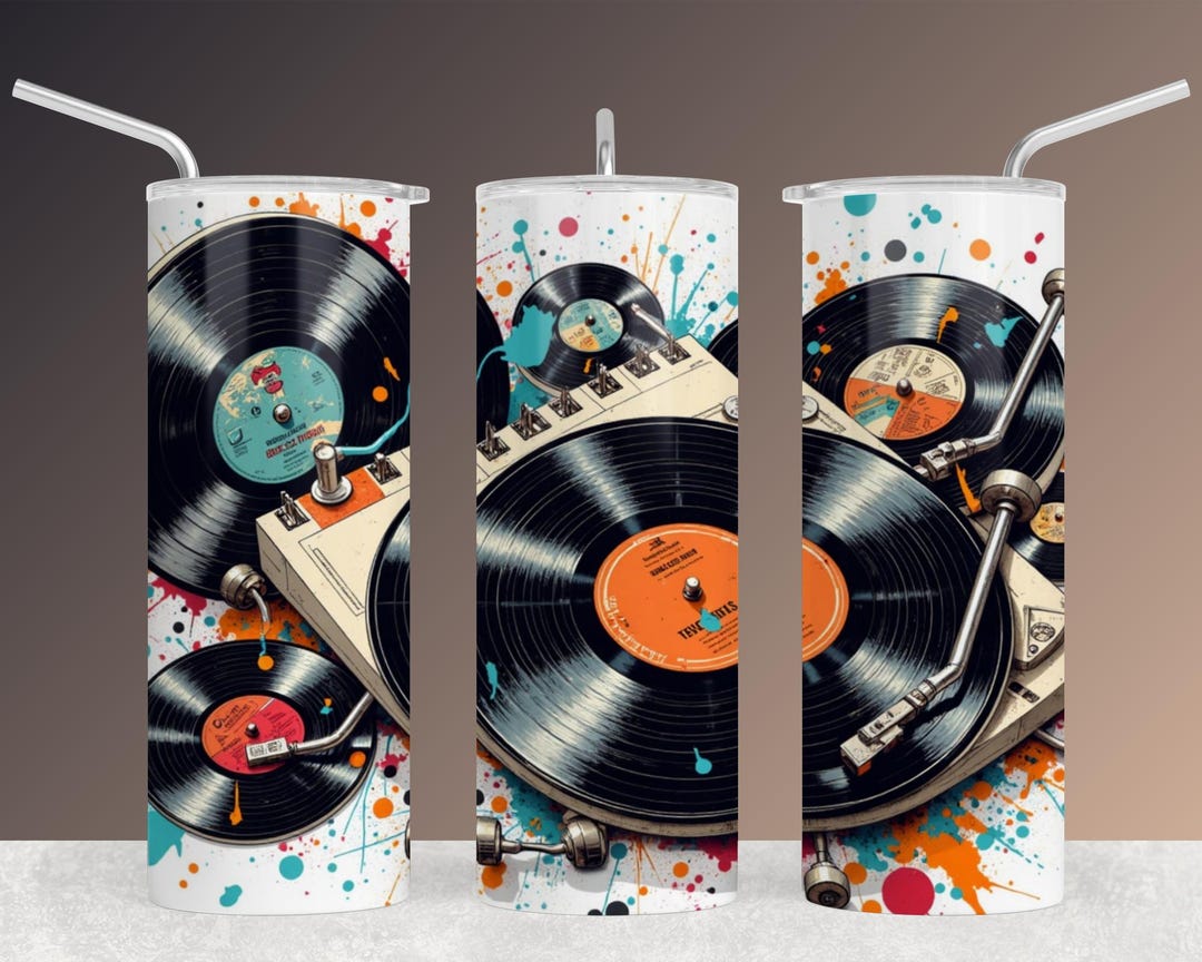 Vintage Turntable and Vinyl Records Skinny Tumbler Wrap Sublimation ...