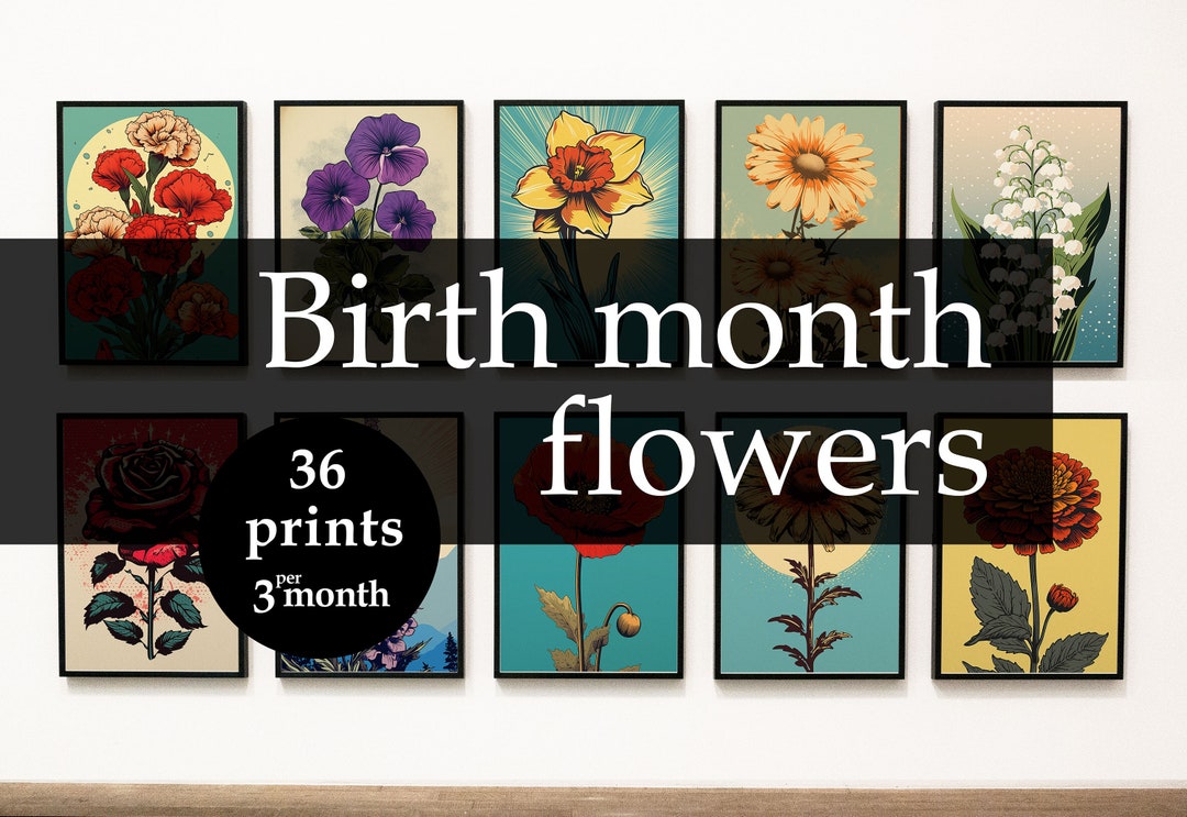Birth Flower Poster, Full Year, Vintage Poster Printable, Printable Art ...