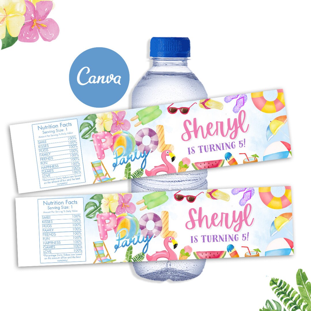Pool Water Bottle, Pool Birthday, Pool Party, Pool Template, Pool ...