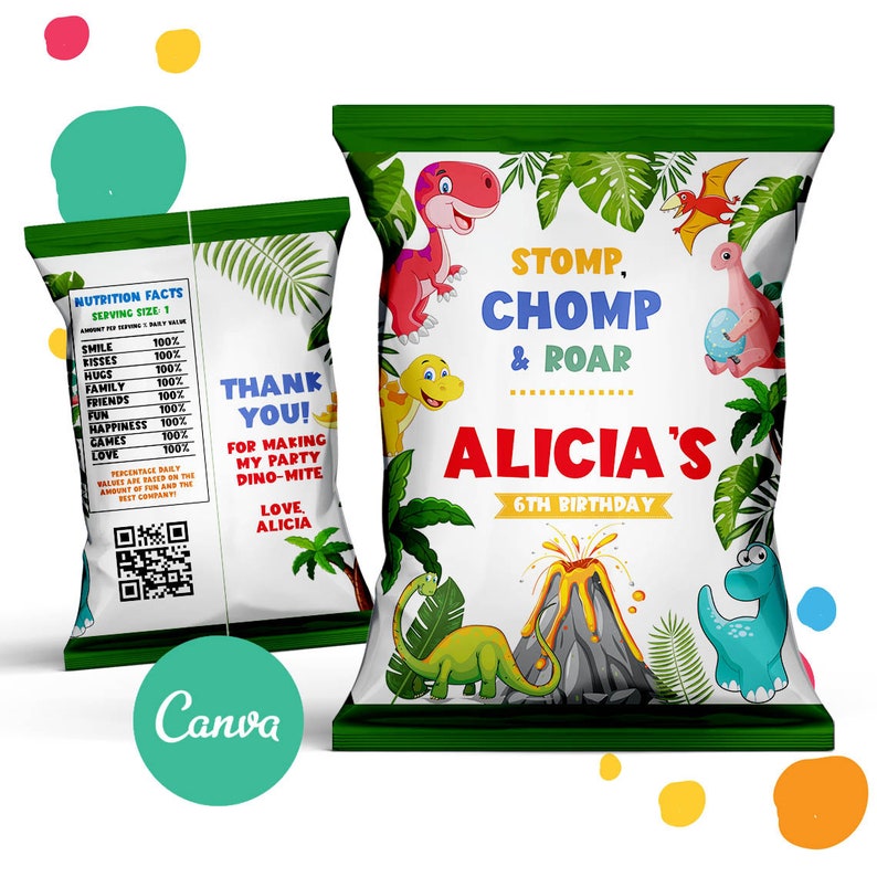 Dinosaur Chip Bag, Dinosaur Birthday Chip Bag, Printable Editable Canva ...
