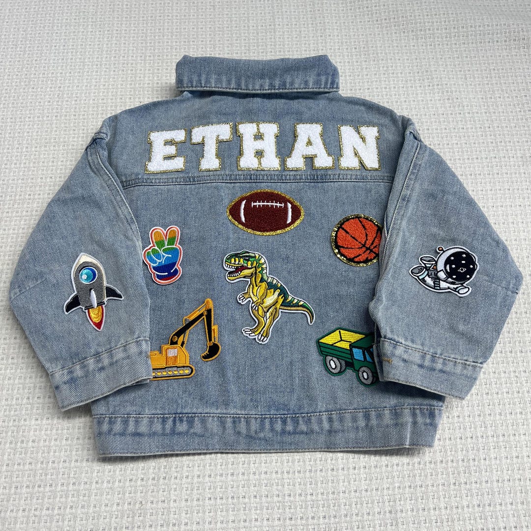 Chenille Letter Patch Jean Jacket, Custom Girls Toddler Chenille Name Patch Denim Jacket, Boys ...