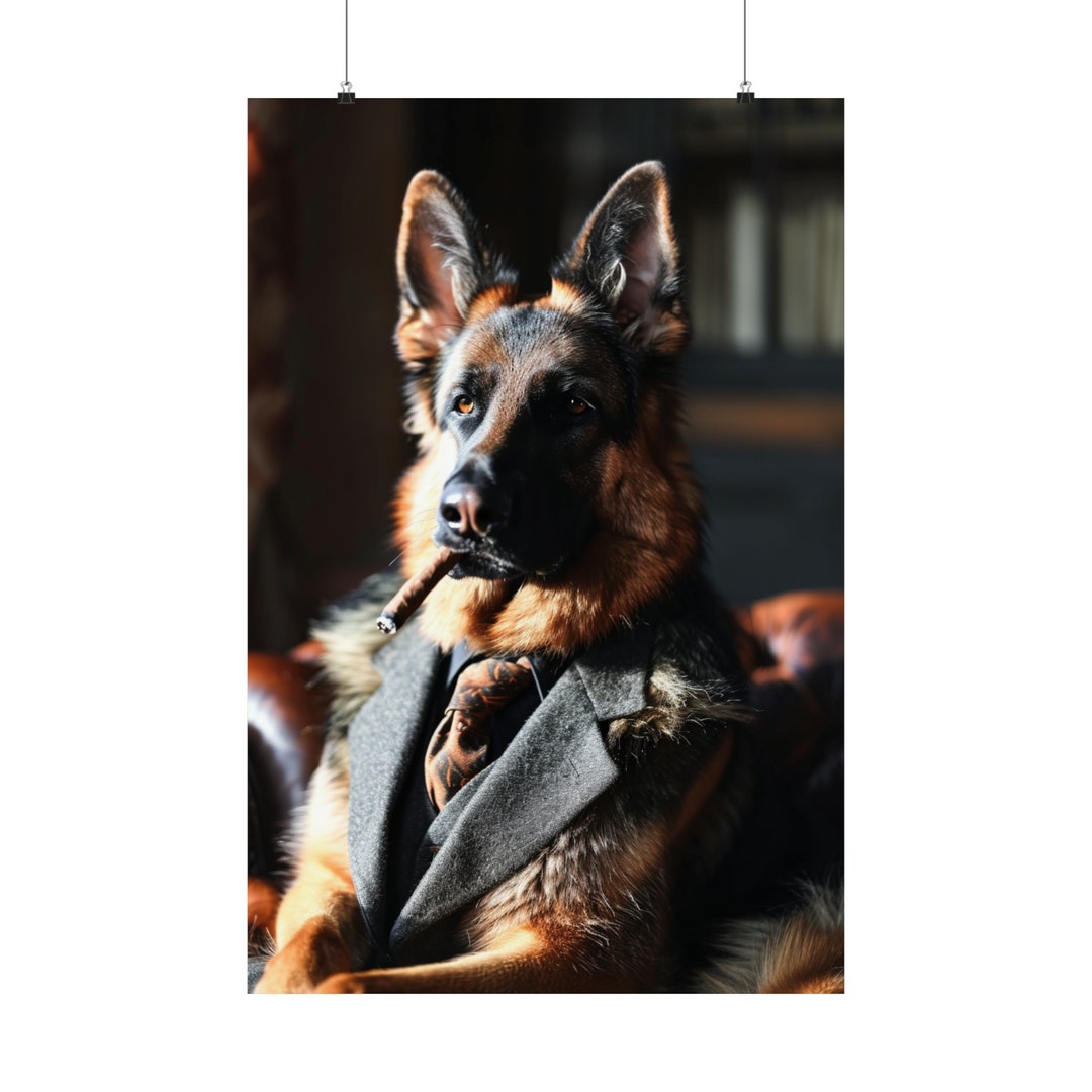 German Shepherd Dog Smoking a Cigar and Wearing A Suit Poster, Funny ...