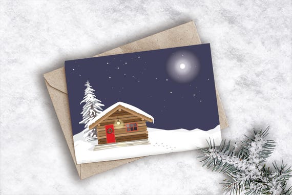Snowy Log Cabin Christmas Cards Vintage Christmas, Cozy Log Cabin With