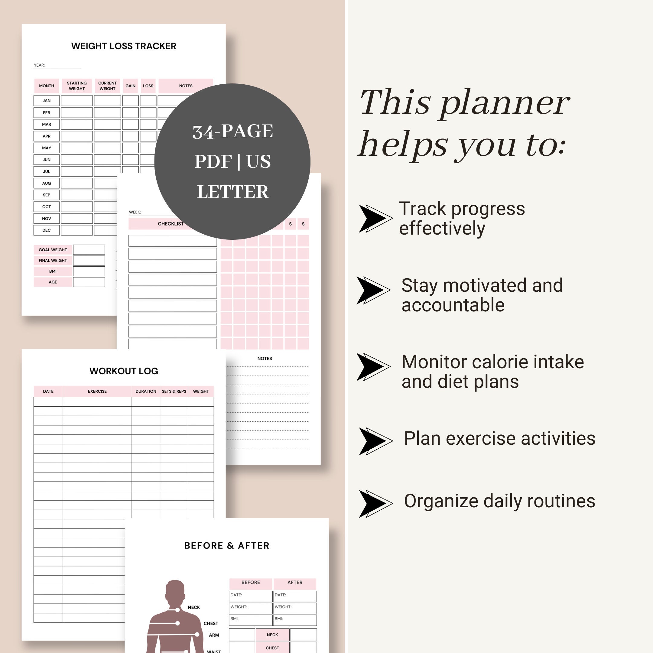 Weight Loss Planner Printable Weekly Workout Plan Health and Wellness ...