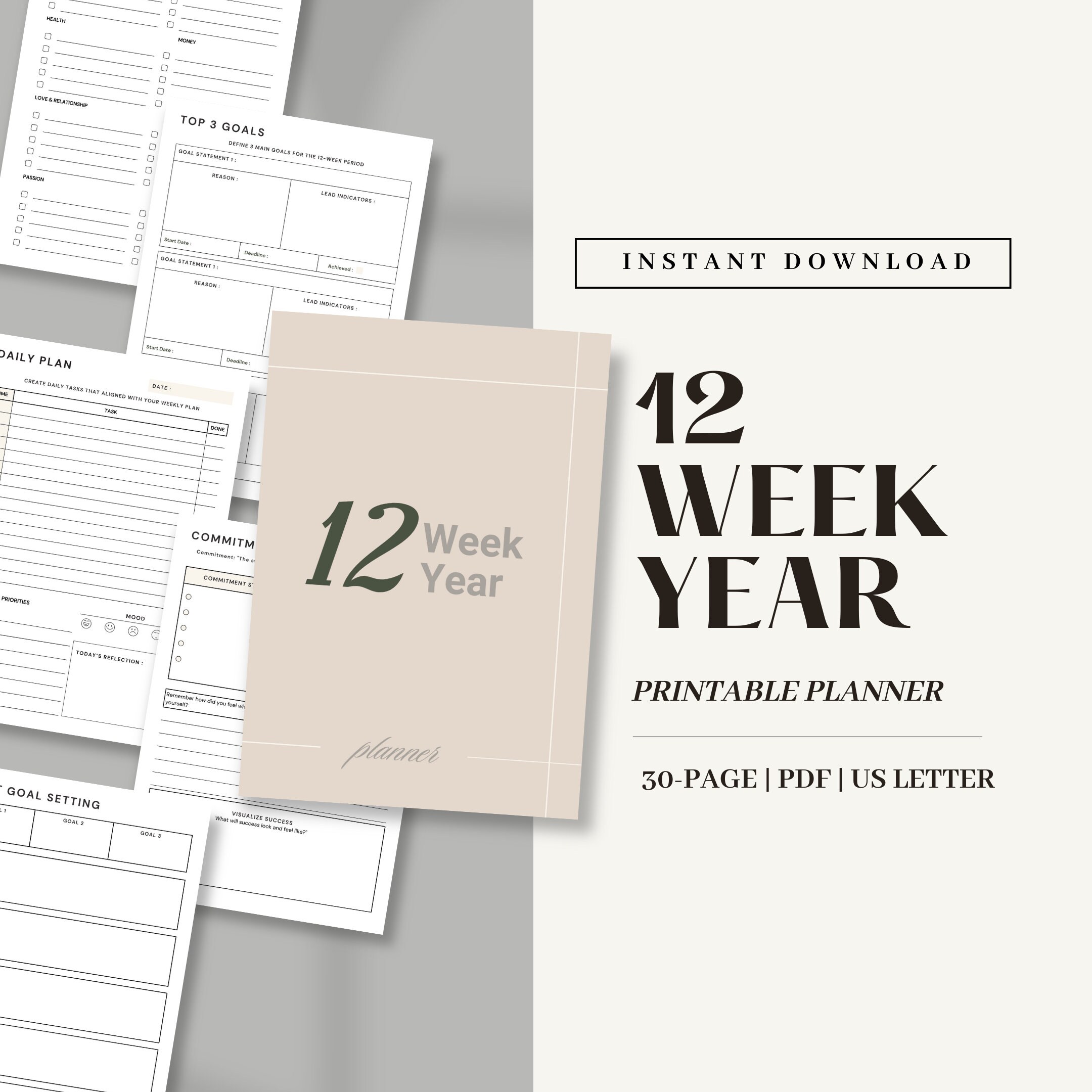 12 Week Year Planner Printable 90 Day Goal Planner 12-week Template ...