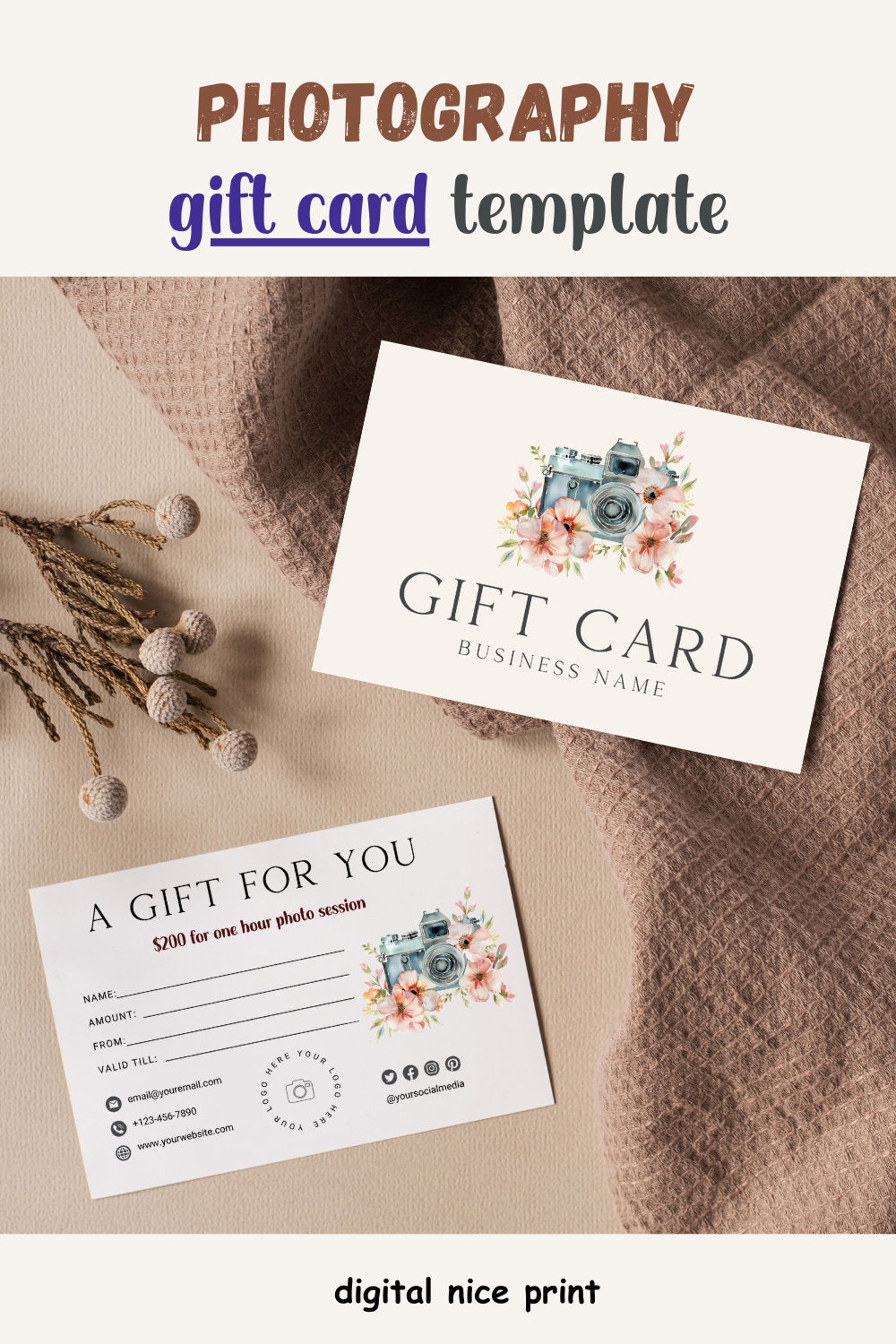 Photography Gift Card Template Minimalist Gift Card for Photographer ...