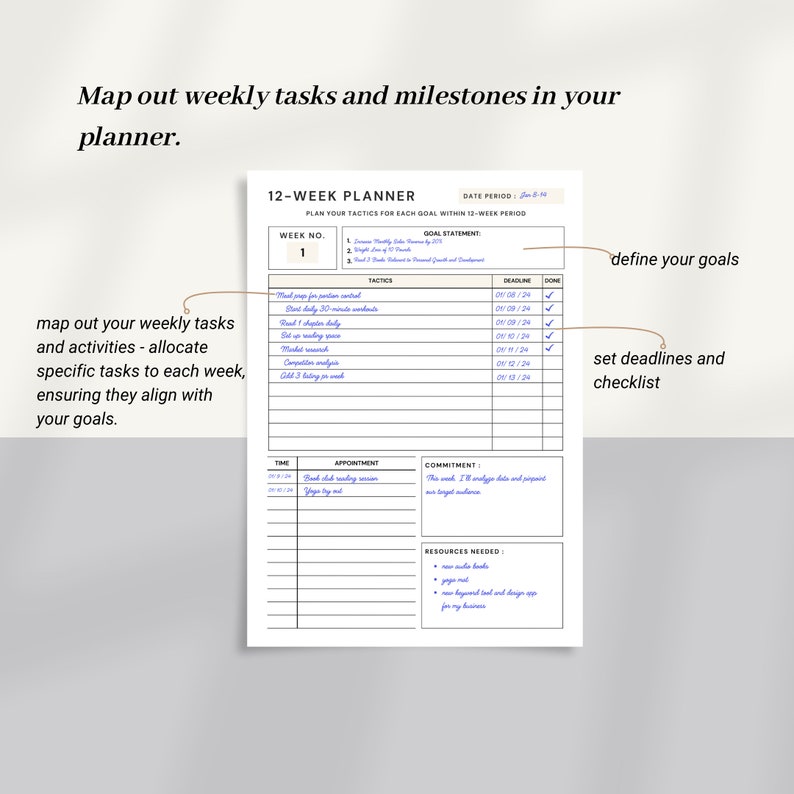 12 Week Year Planner Printable 90 Day Goal Planner 12-week Template ...