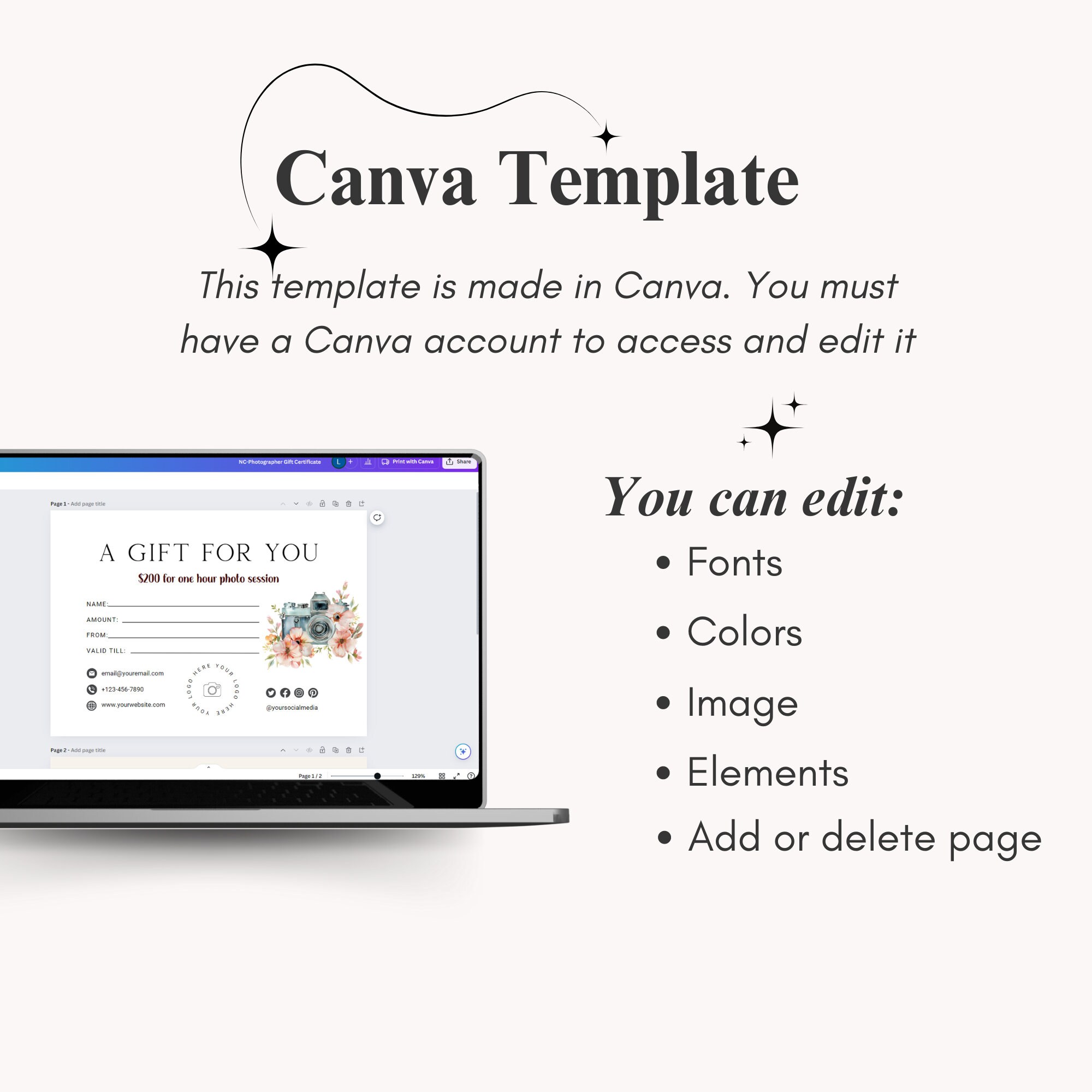 Photography Gift Card Template Minimalist Gift Card for Photographer ...