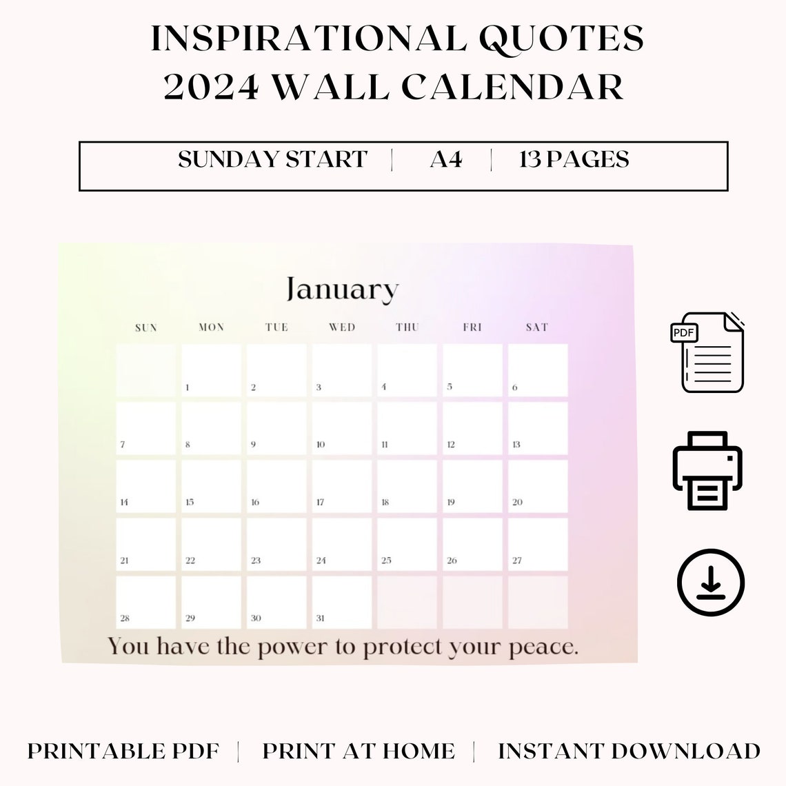 2024 Wall Calendar Landscape Sunday Start, A4 Size Print at Home PDF ...