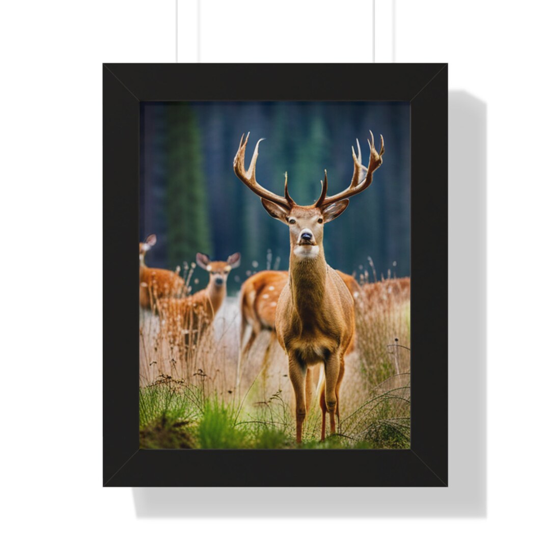 Framed Vertical Poster With a Family of Deer Looking at You , Big ...