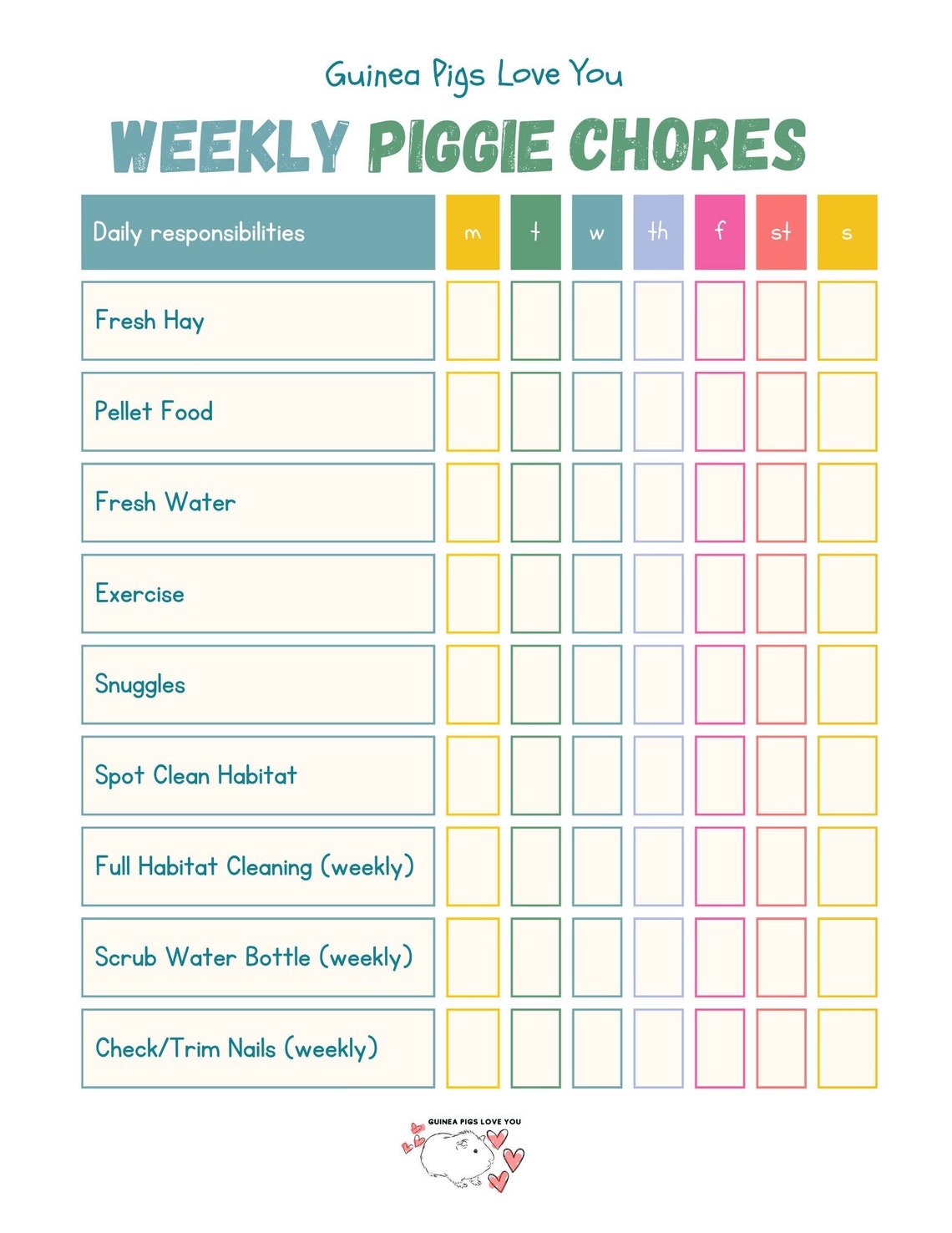Guinea Pig Weekly Chore Chart - Etsy