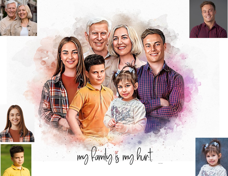 Custom Family Portrait Into Digital Watercolor, Combine Relatives From ...