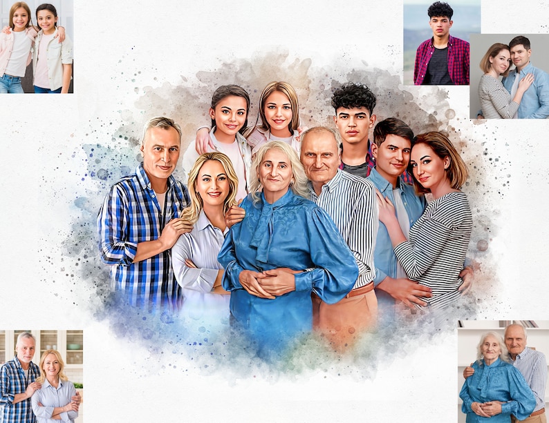 Custom Family Portrait Into Digital Watercolor, Combine Relatives From ...