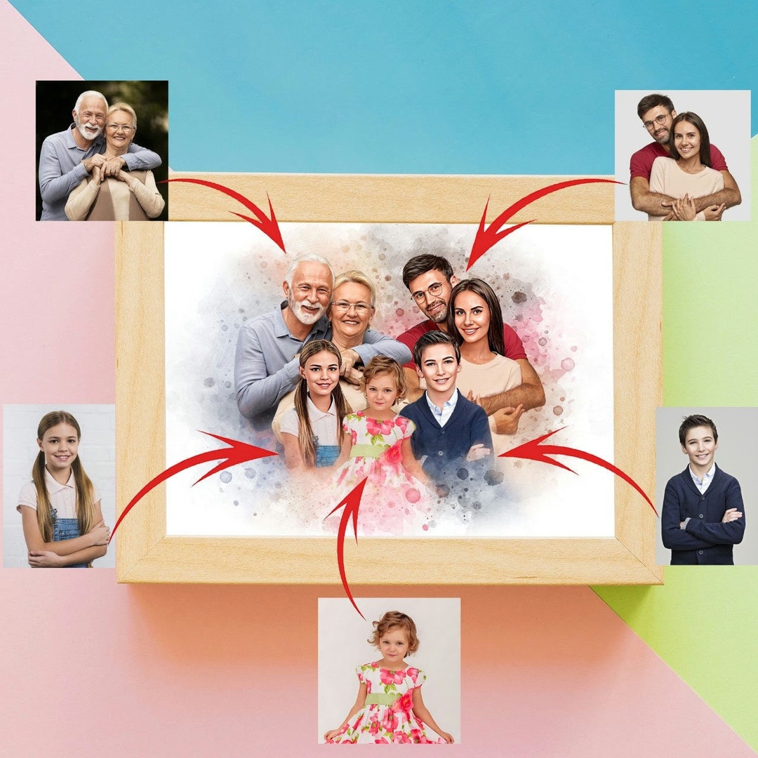 Custom Family Portrait Into Digital Watercolor, Combine Relatives From ...