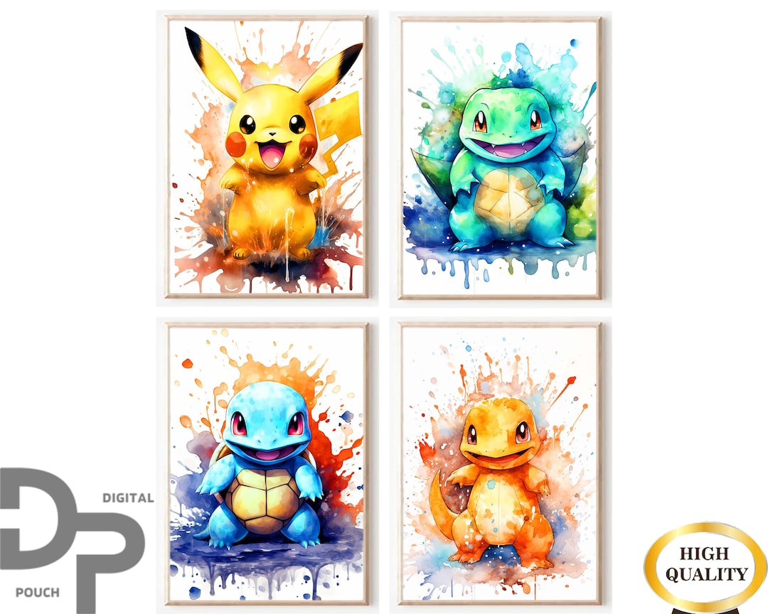 New Set of 4 Pokemon Water Colour Posters of Pikachu Charmander ...