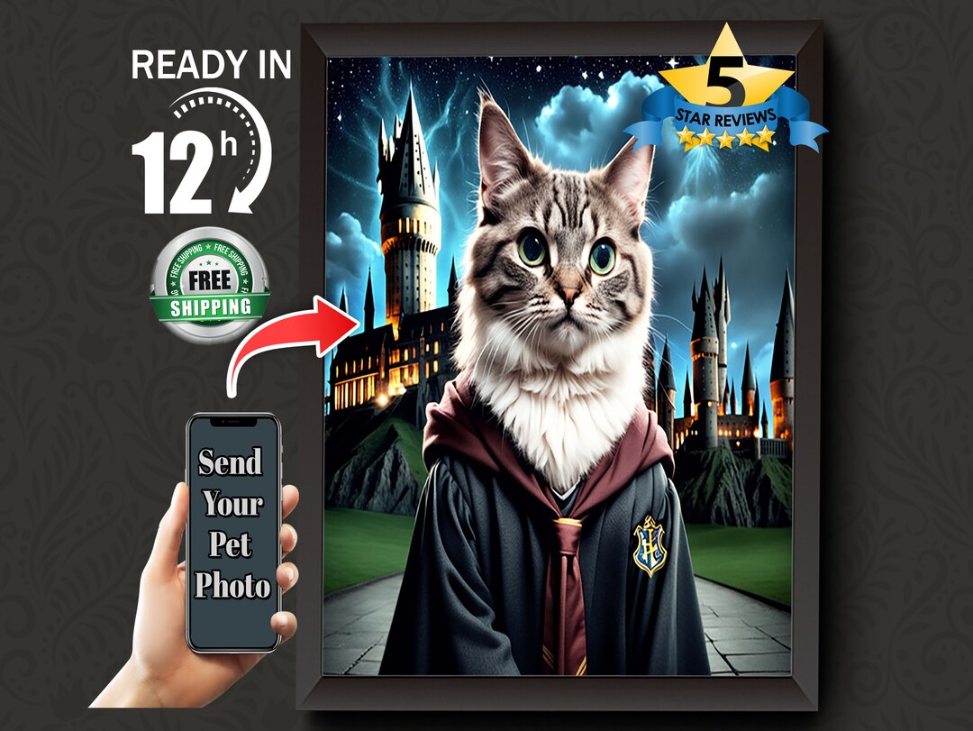 Wizard Pet Portrait, Dog Cat Portrait, Transform Pet Photo as Wizard School Pet, Pet Wall Art ...