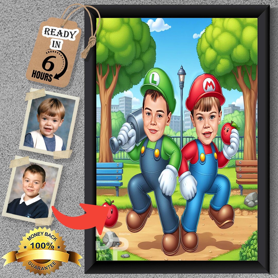 Custom Super Mario and Luigi Portrait, Mario and Luigi Cartoon Portrait ...