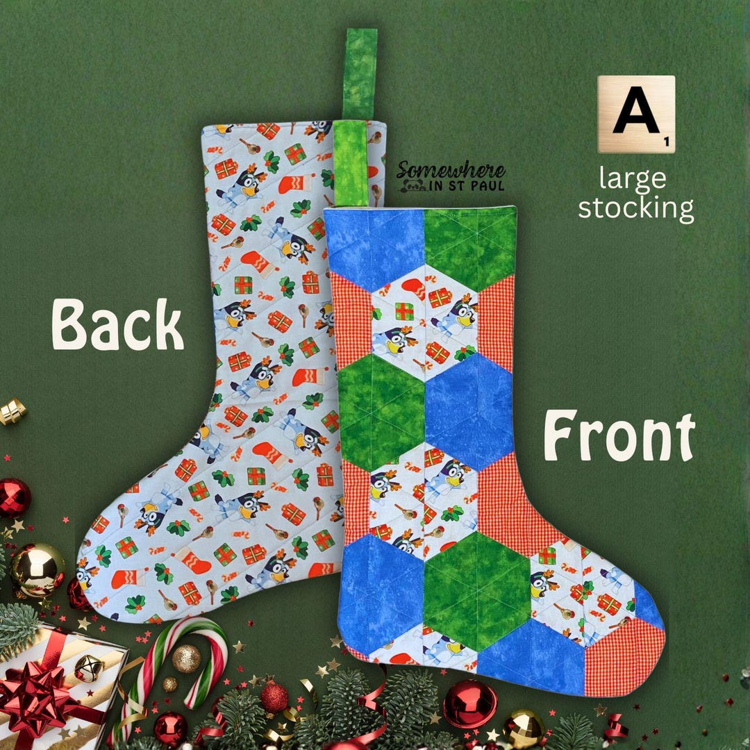 Bluey Holiday Stocking – Quilted Patchwork Hexagon Design, Unique ...