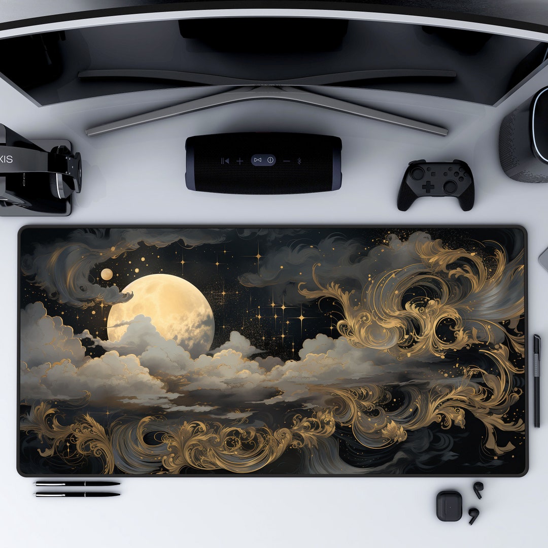 Cloud Mouse Pad, Celestial Desk Mat, Gold Clouds and Moon Playmat Night ...