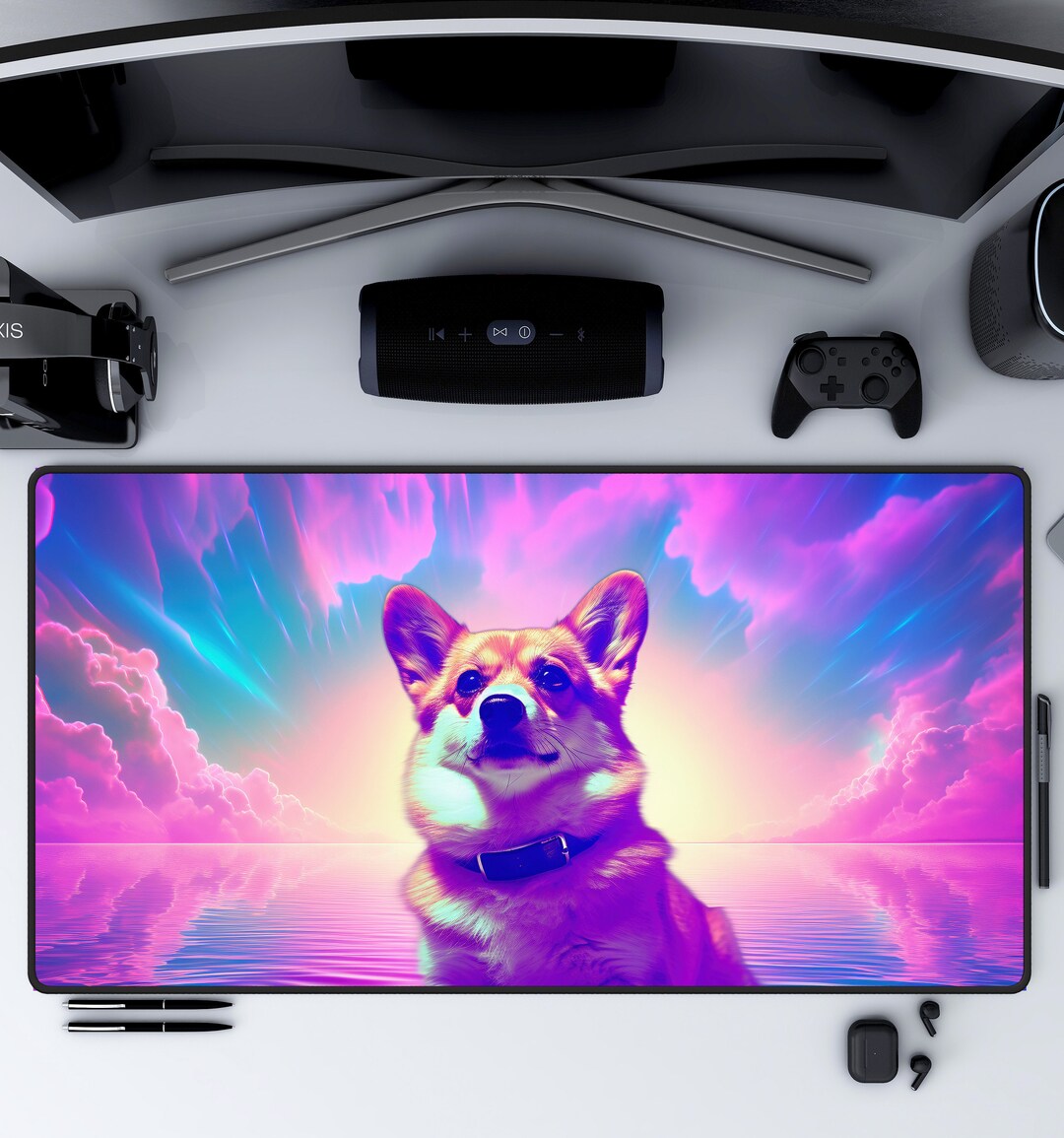 Vaporwave Corgi Desk Mat, Cute Corgi Desk Mat, Colorful Corgi Desk Mat ...