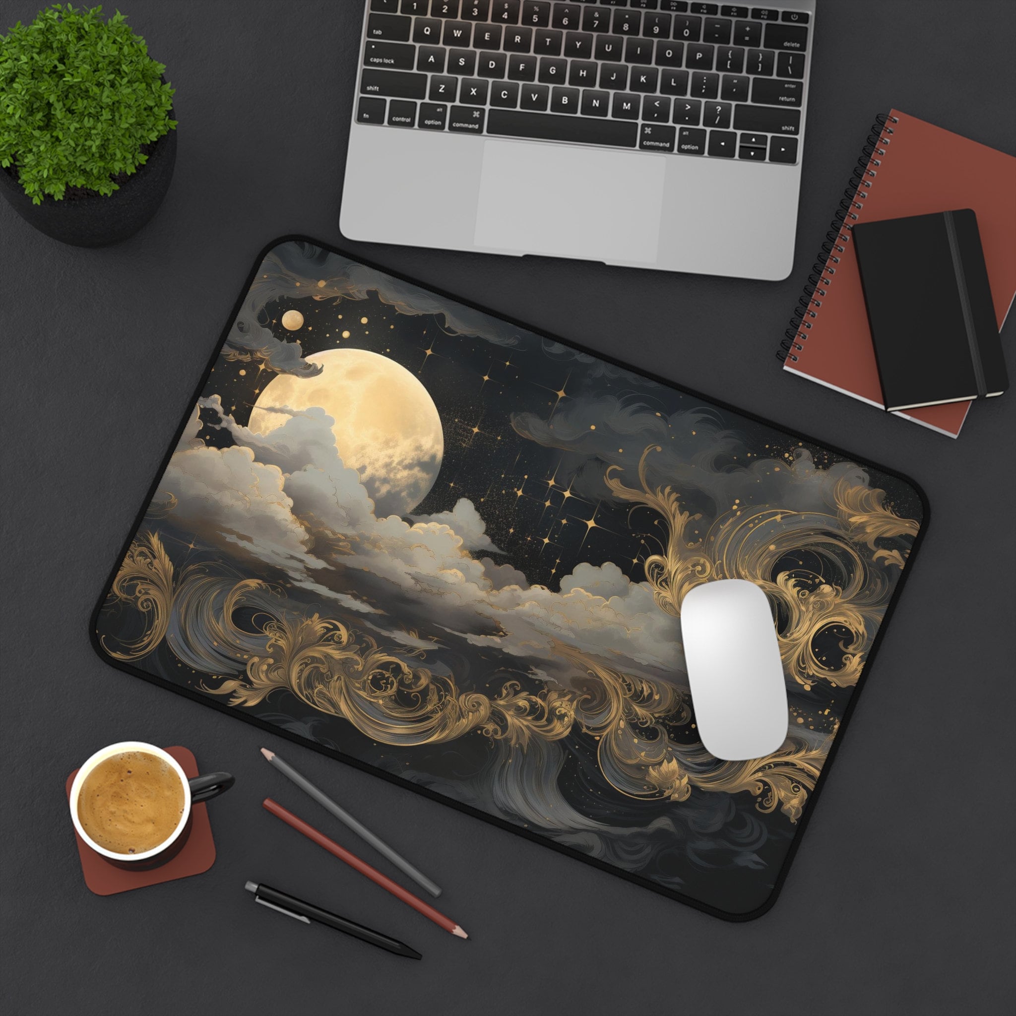 Cloud Mouse Pad, Celestial Desk Mat, Gold Clouds and Moon Playmat Night ...