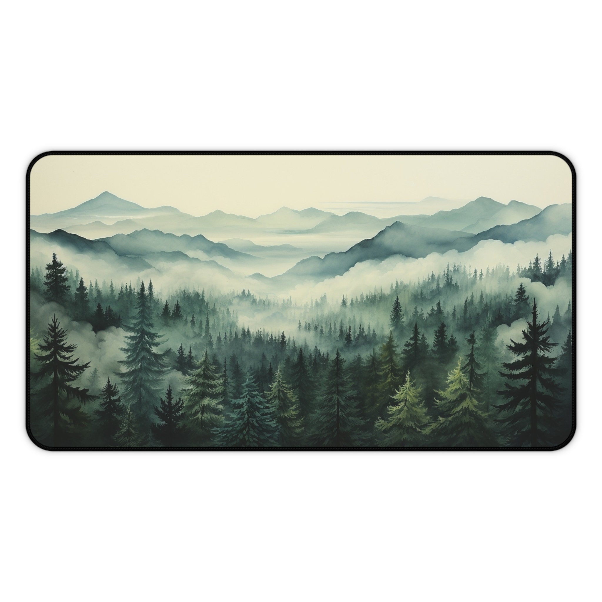 Large Desk Mat With Misty Forest Landscape, Serene Office Decor, Nature ...
