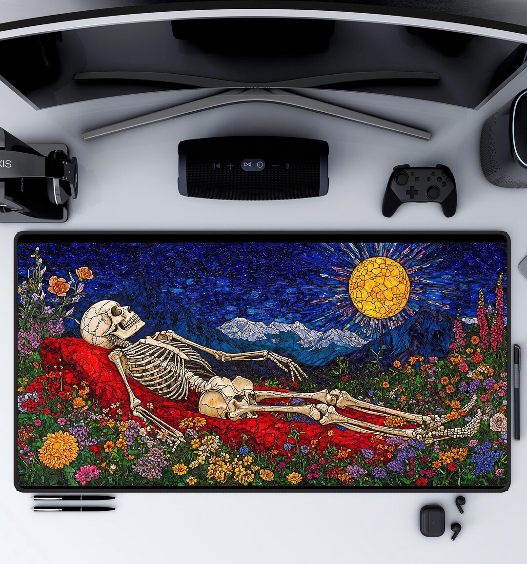 Floral Skeleton Desk Mat Stained Glass Extra Large Mouse Pad, Vibrant ...