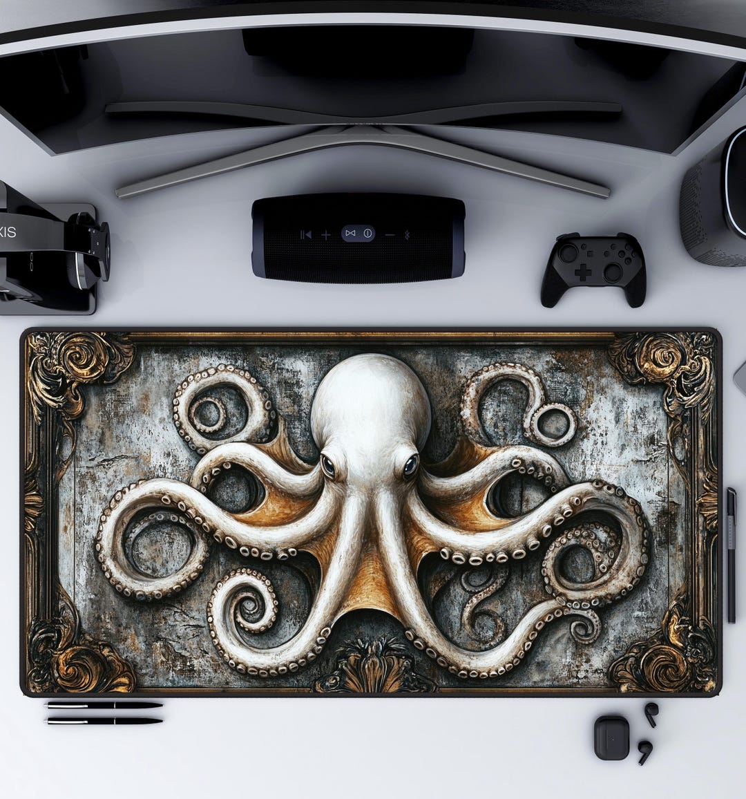 Octopus Desk Mat, White Octopus Mouse Pad, Ocean Themed Office, Sea ...