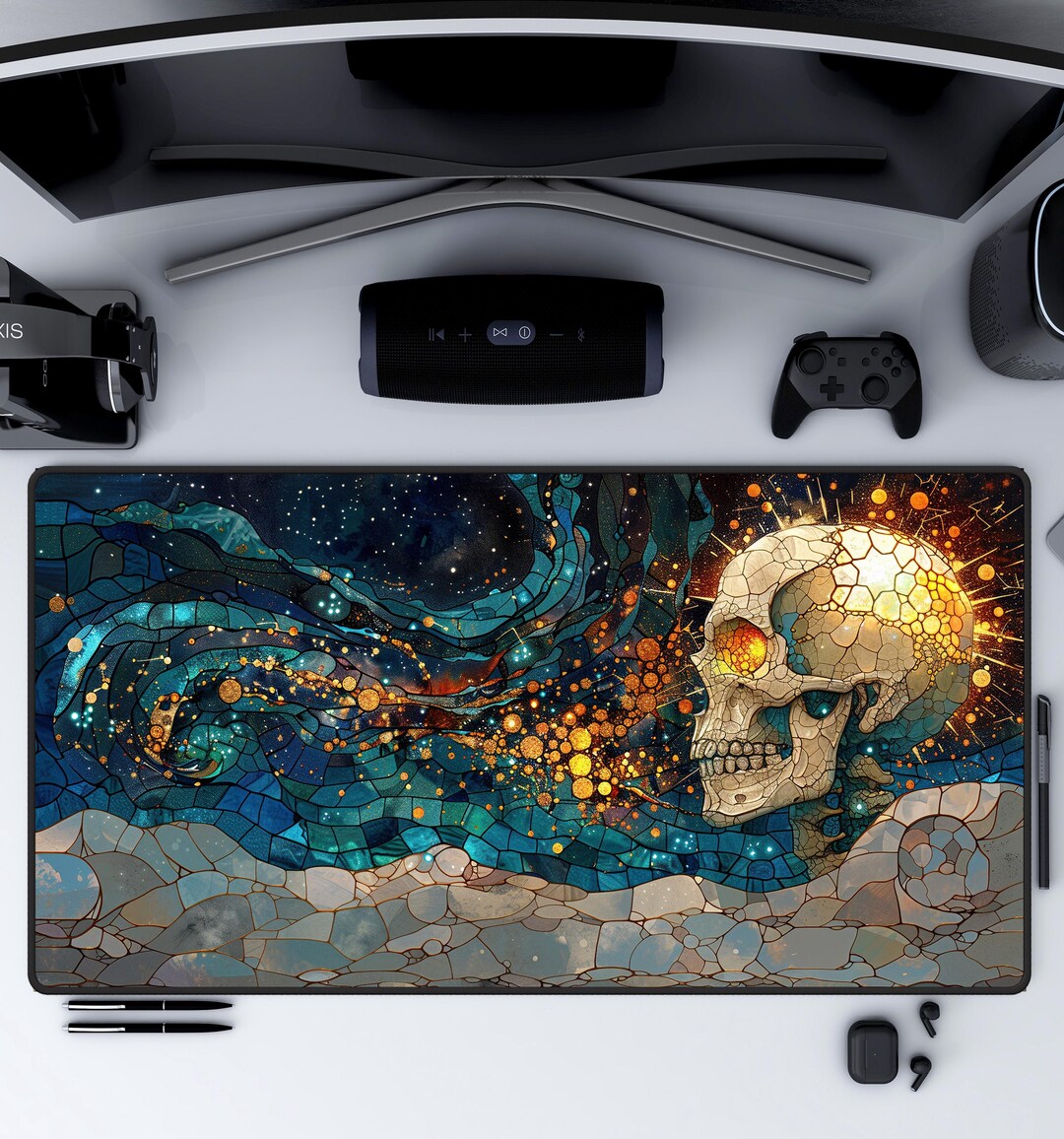 Artistic Skeleton Desk Mat Stained Glass Skull Desk Pad Unique Office ...