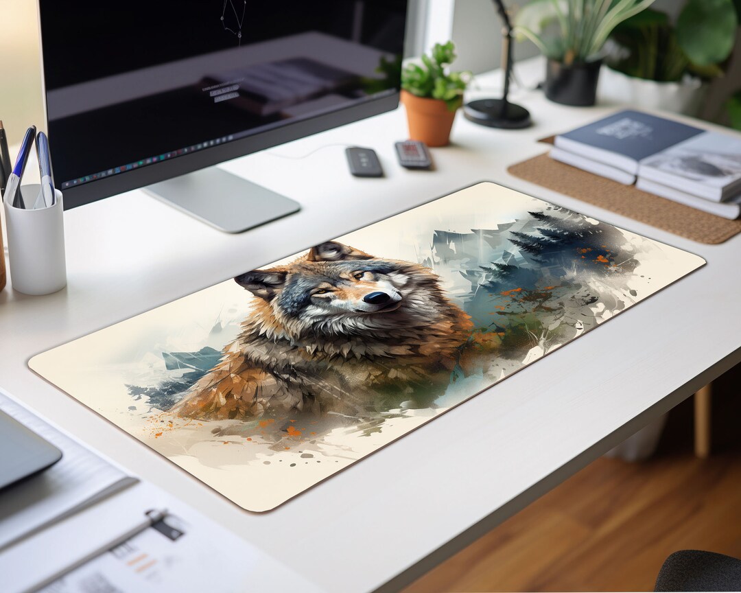 Wolf Desk Mat With Mountains, Aesthetic Nature Art Deskmat, Gift for ...