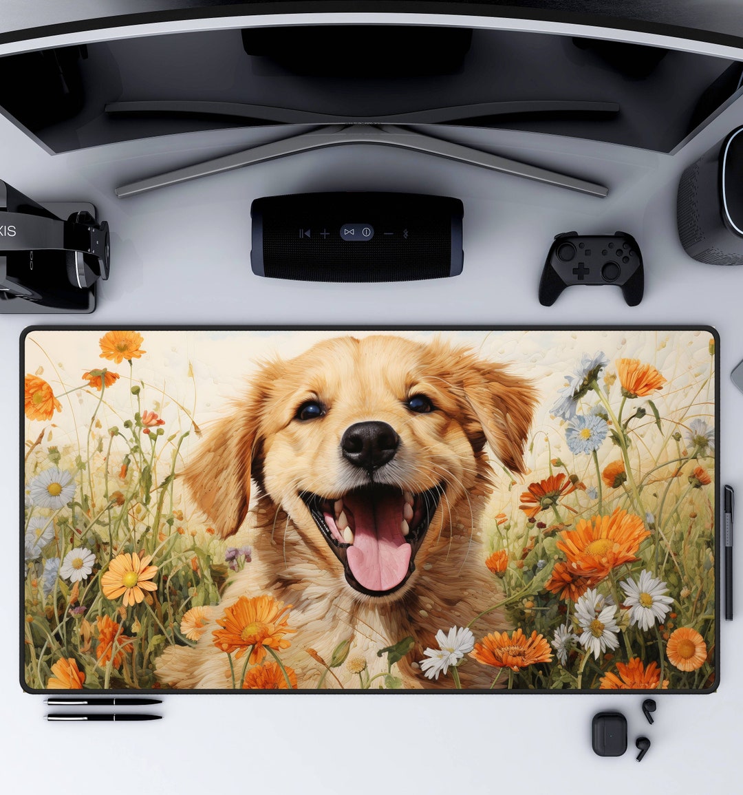 Happy Golden Retriever Puppy Desk Mat, Floral Dog Office Decor, Cute ...