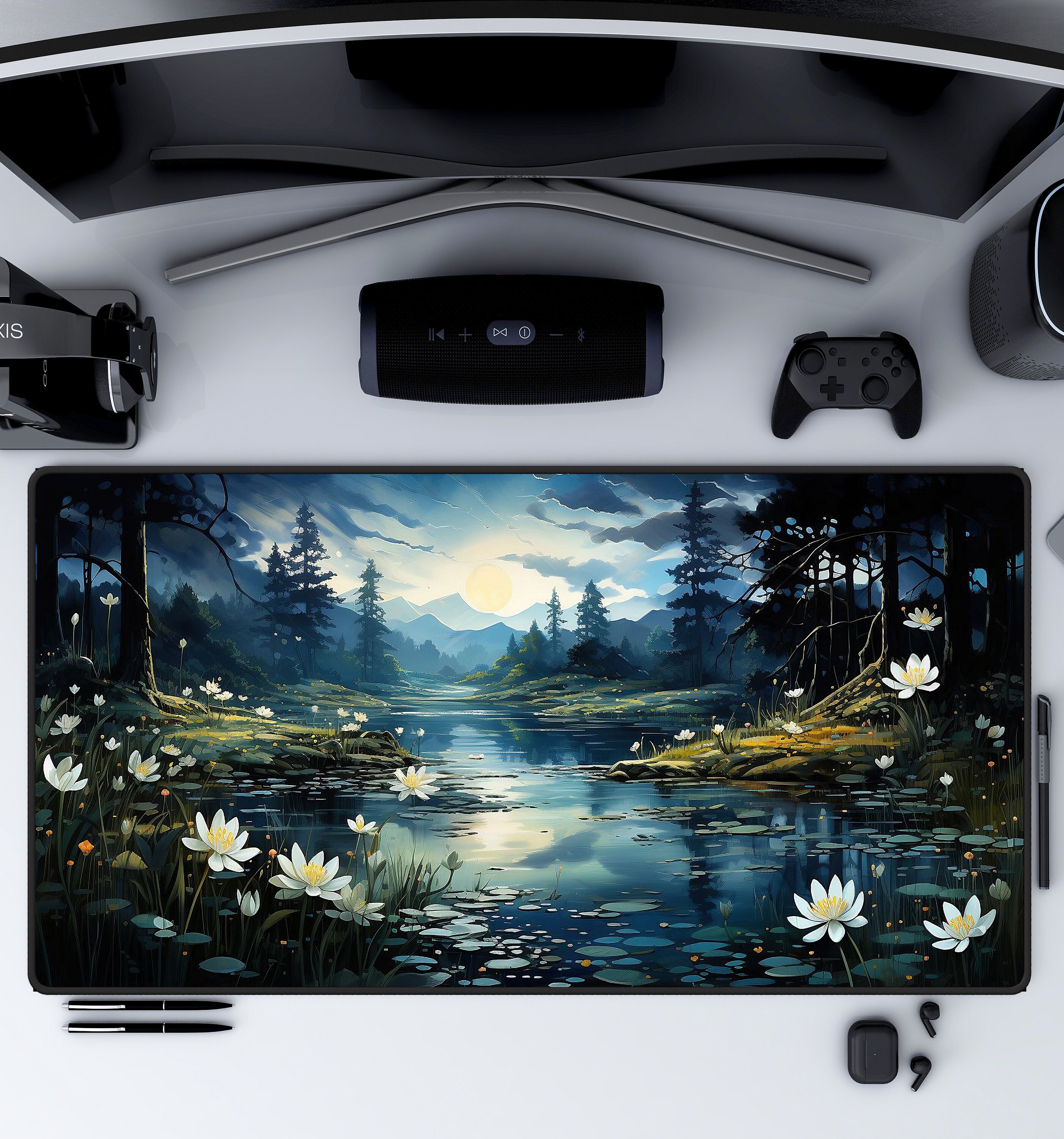 Large Desk Mat With Enchanted Forest Night Scene, Moonlight River ...