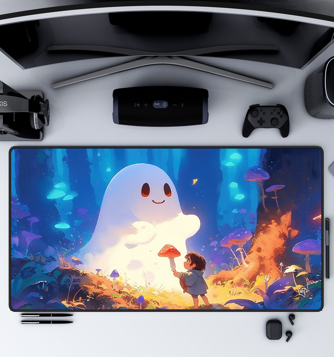 Enchanted Forest Desk Mat, Whimsical Ghost and Child, Mushroom Art ...