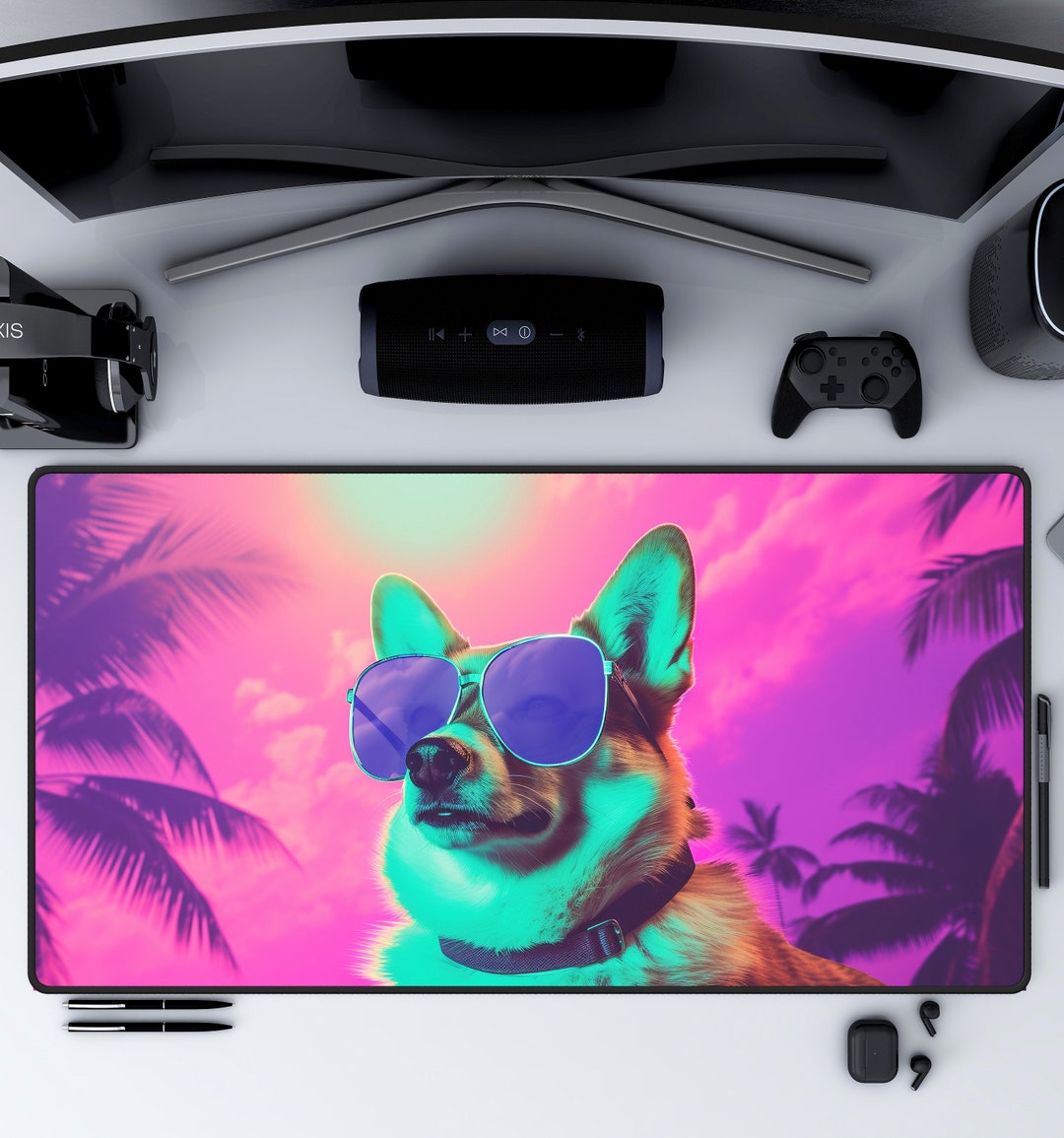 Vaporwave Cute Corgi Desk Mat, Stylish Dog Desk Mat, Large Mousepad ...