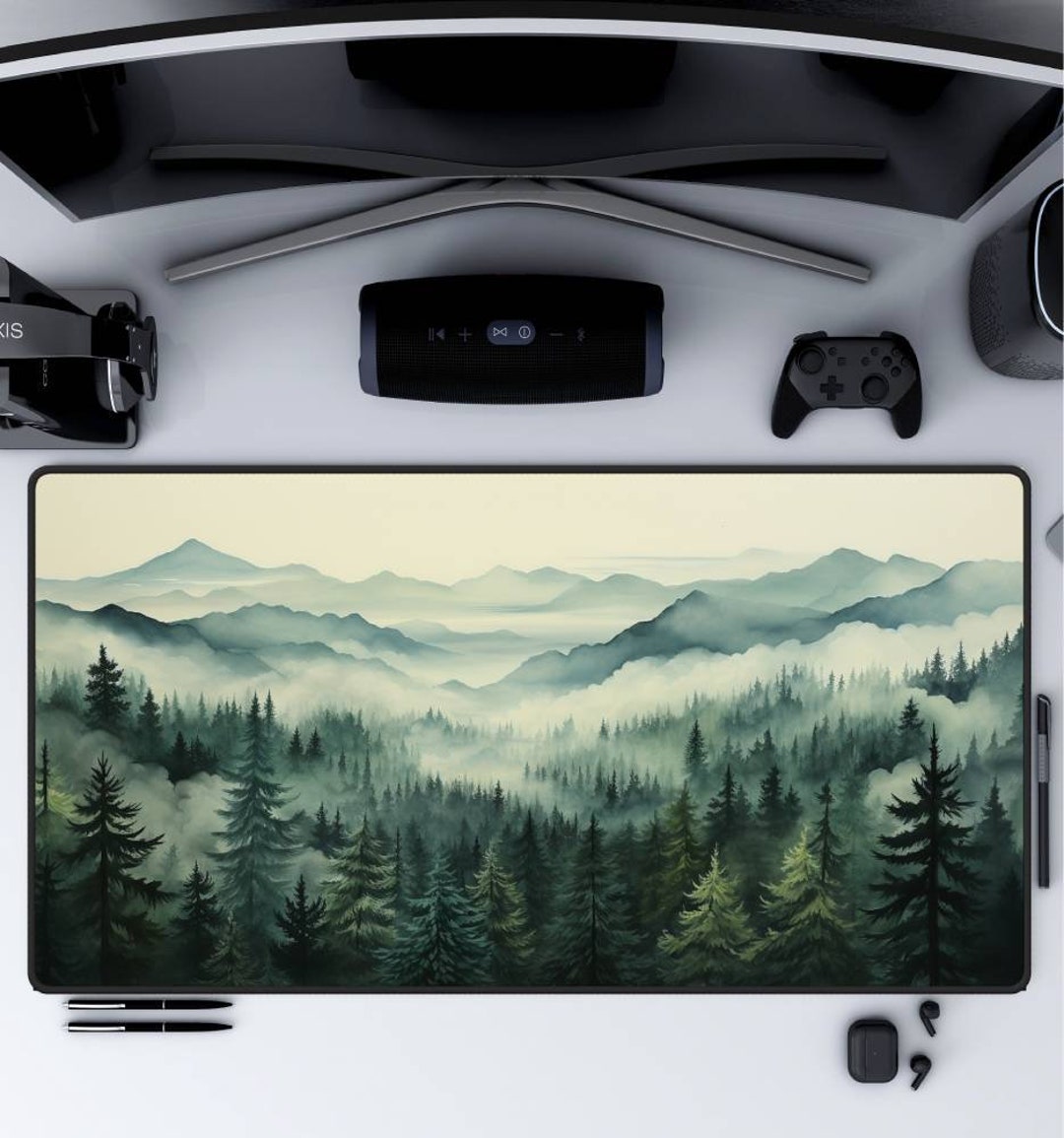 Large Desk Mat With Misty Forest Landscape, Serene Office Decor, Nature ...