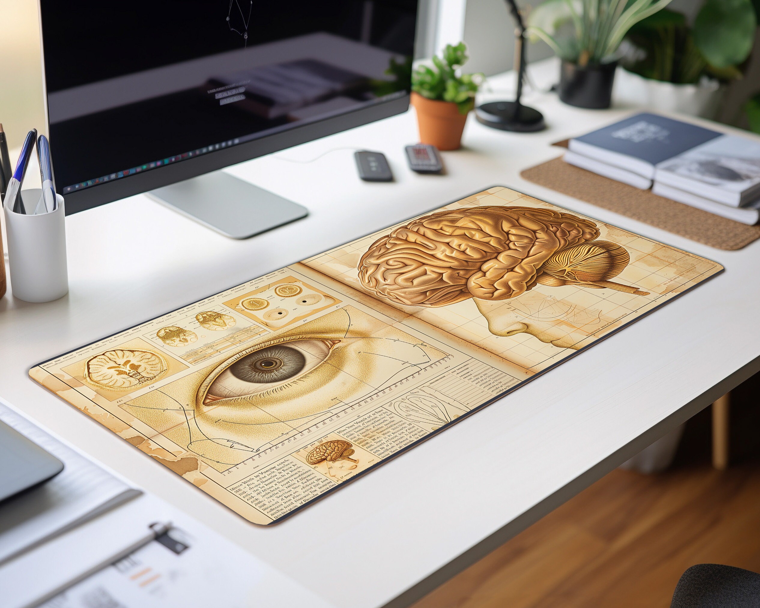 Vintage Anatomy Desk Mat, Human Brain and Eye Illustration, Antique ...